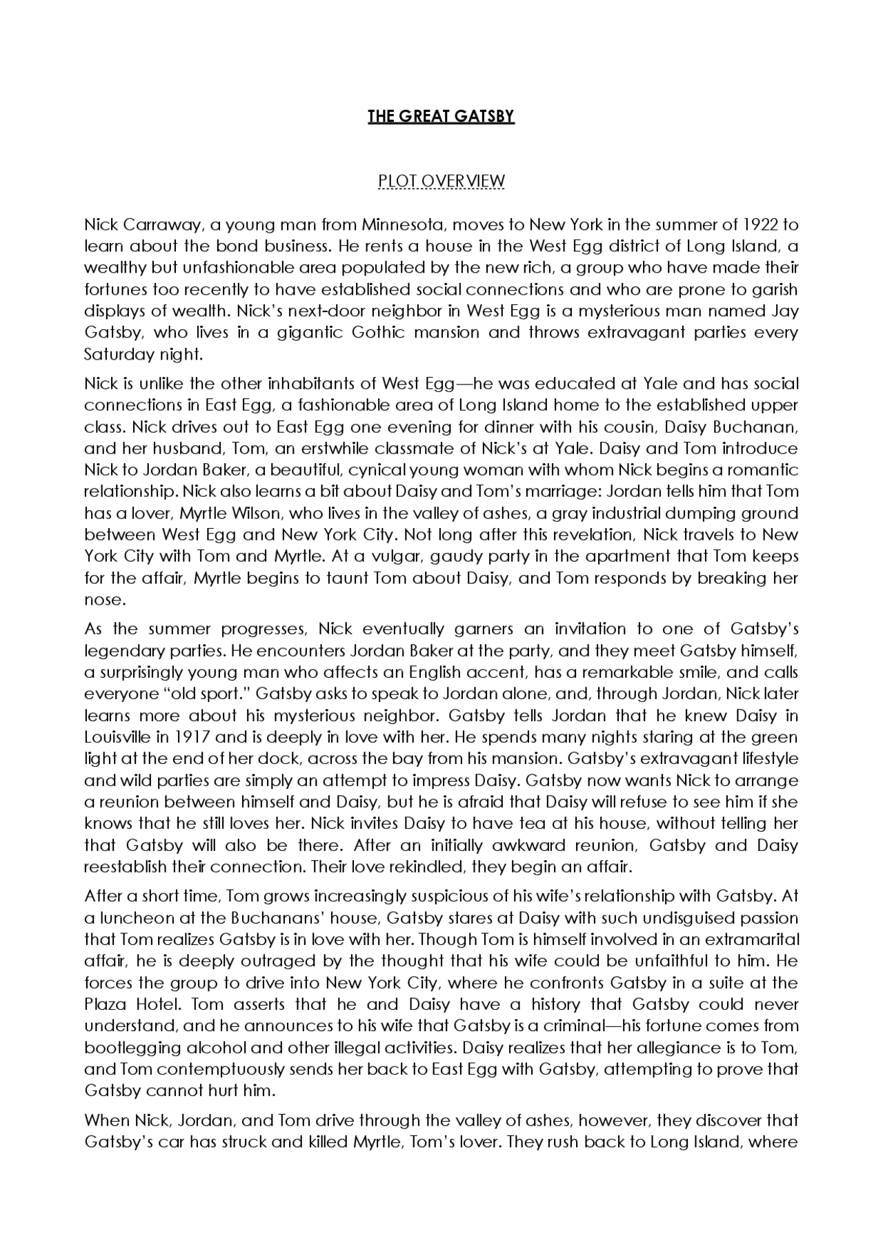 Riassunto Il Grande Gatsby In Inglese Docsity