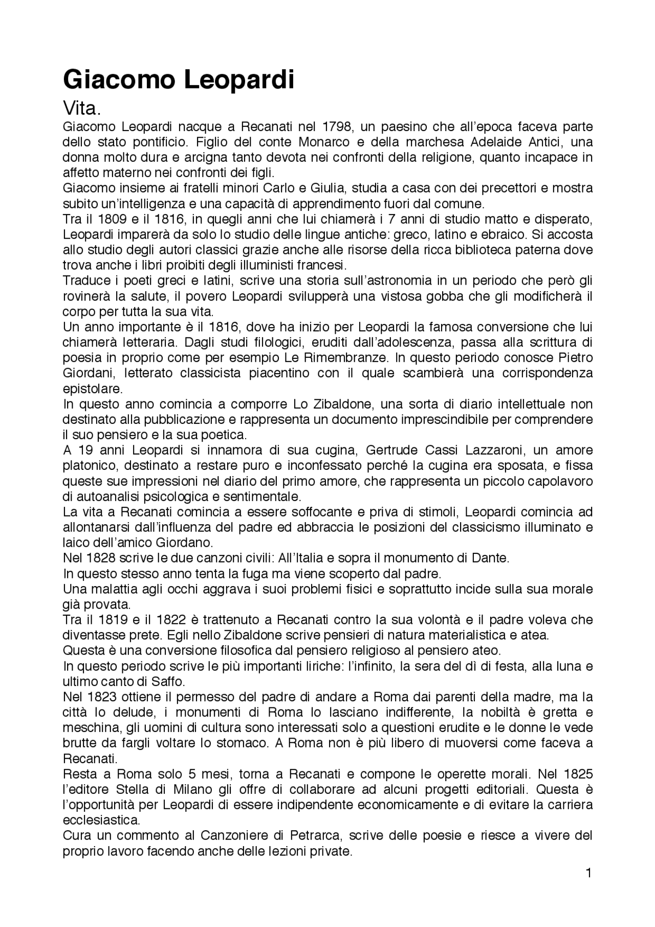 Leopardi Vita Opere E Poetica Docsity
