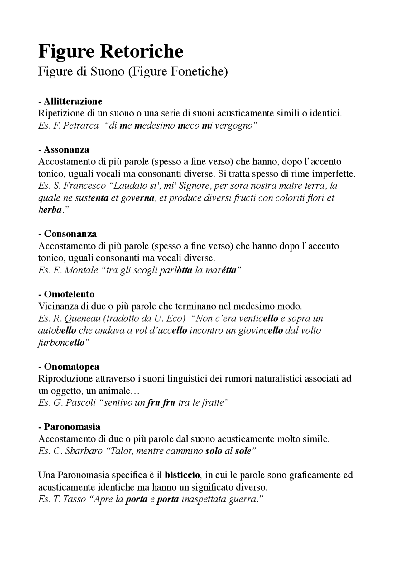 Sunto delle principali Figure Retoriche | Notes de Italien | Docsity