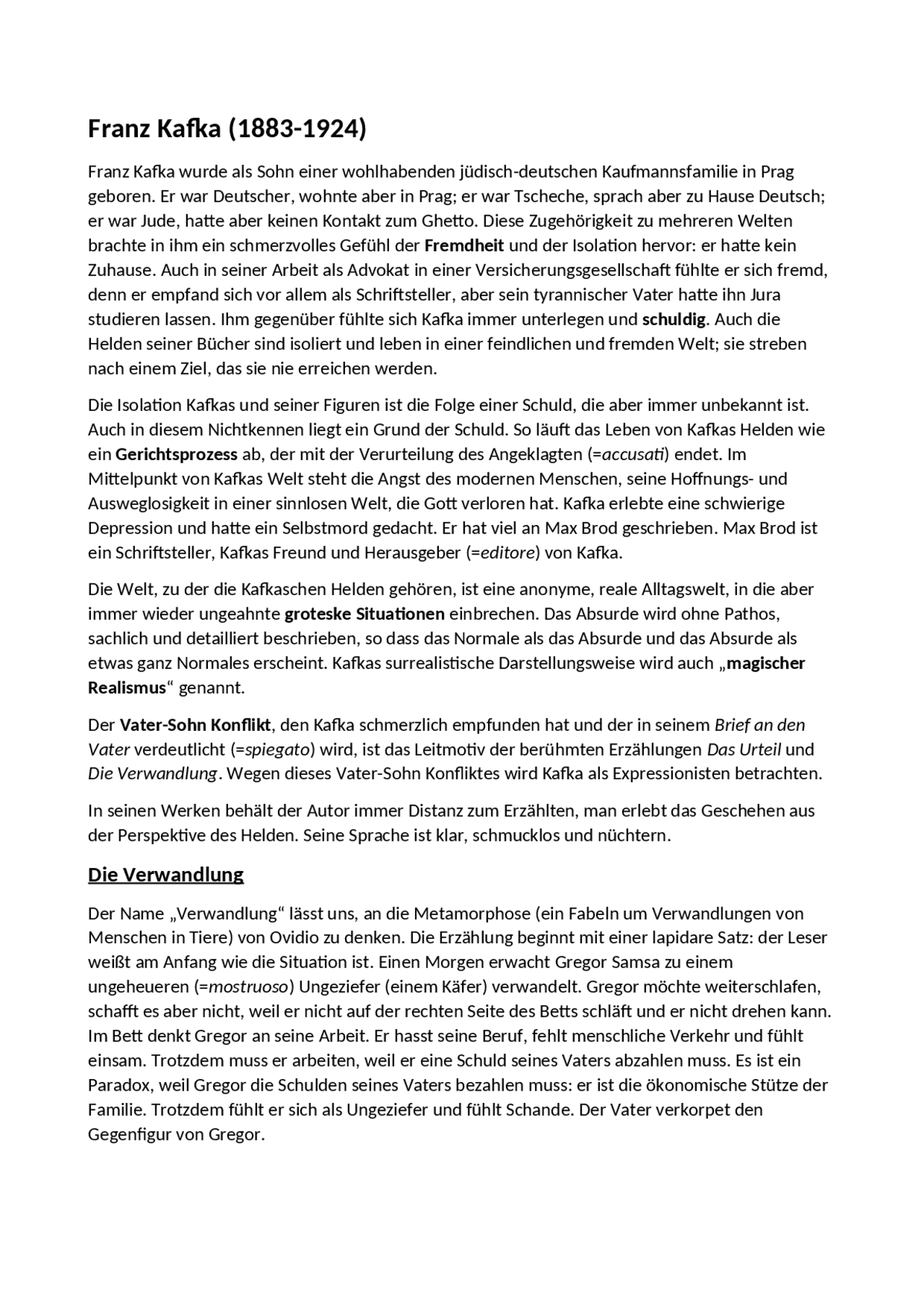 Franz Kafka Und Die Verwandlung Appunti Di Tedesco Docsity