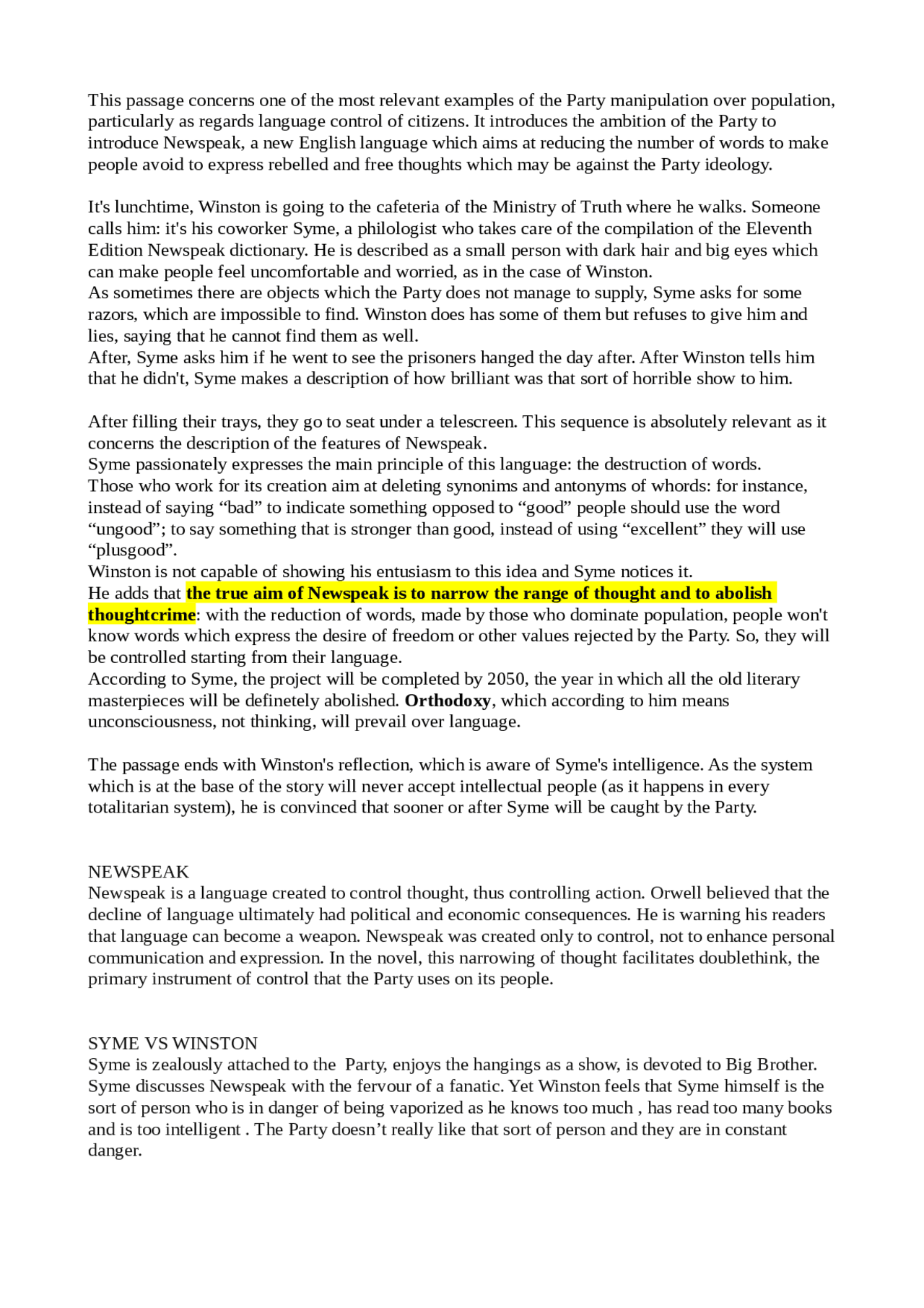 George Orwell: 1984 (Newspeak) - Docsity