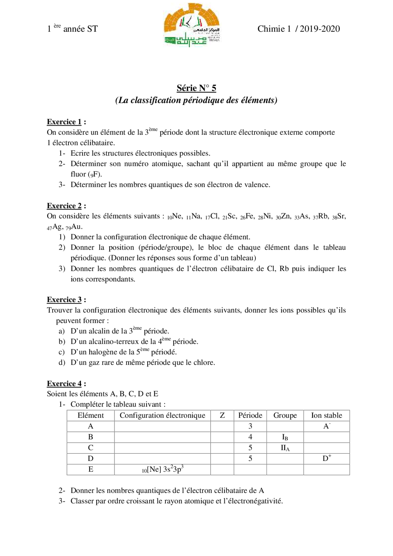 serie de exercice numéro 5 chimie | Exercices Chimie | Docsity