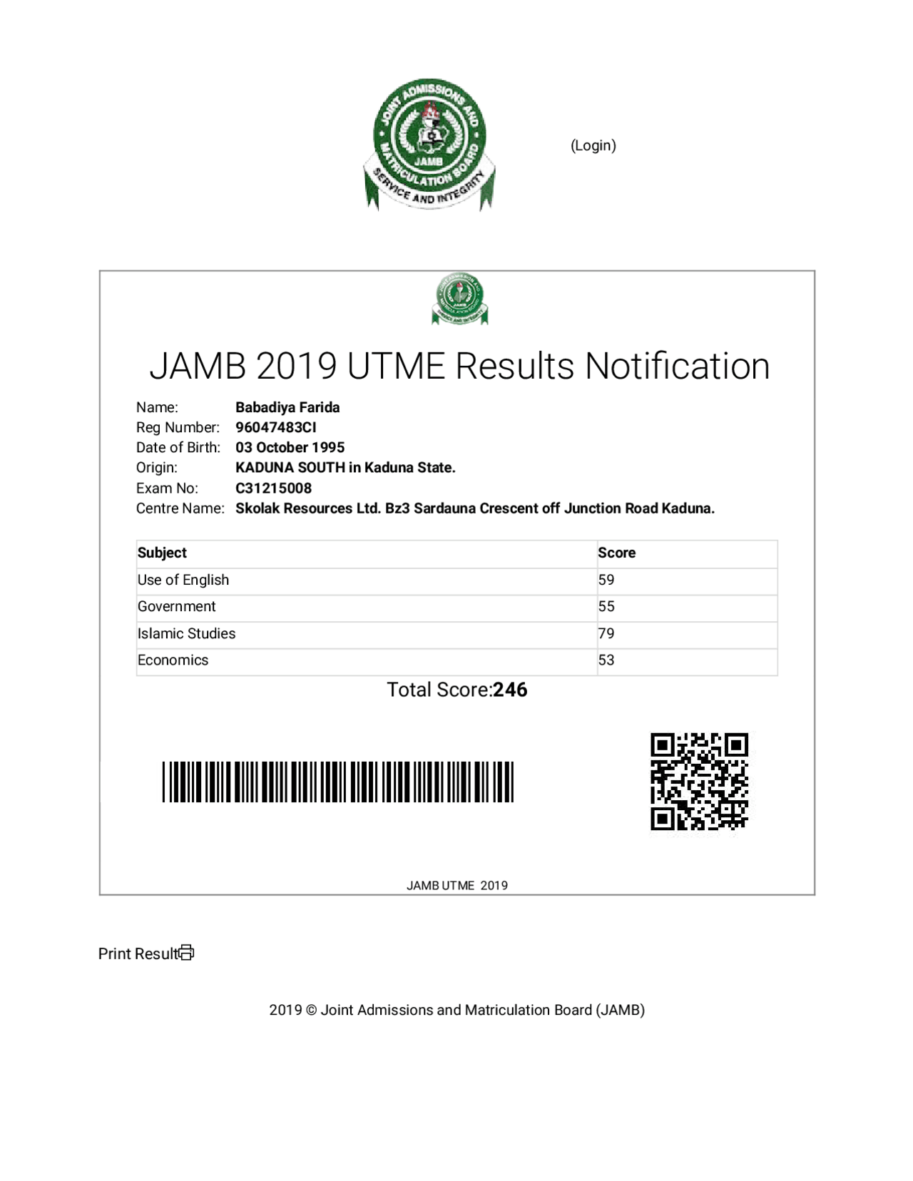 Utme examination result - Docsity