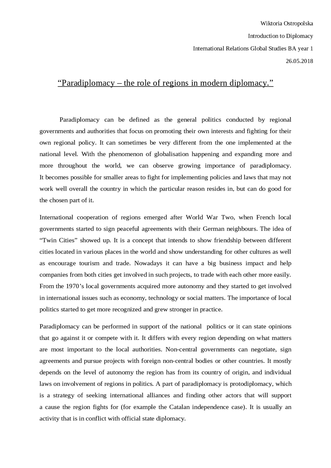 Paradiplomacy - the role of regions in modern diplomacy - Docsity
