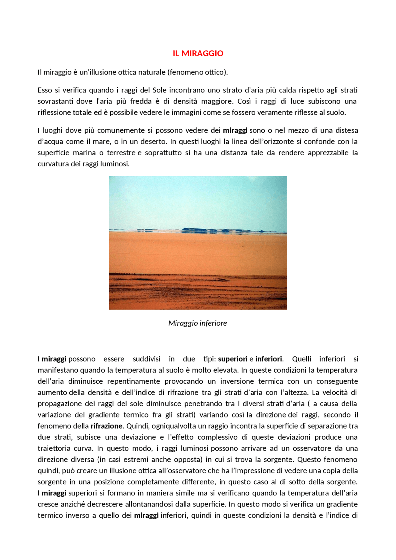 IL MIRAGGIO, descrizione del fenomeno - Docsity