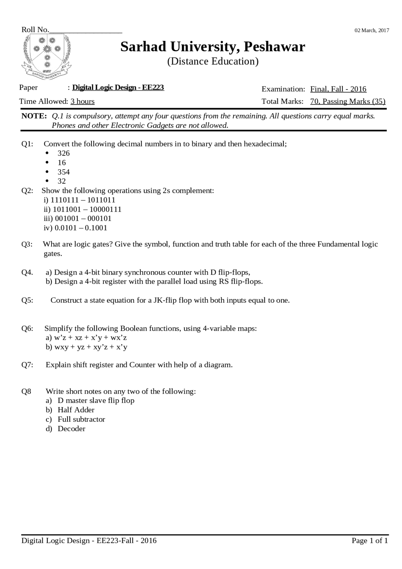 Past Paper For Digital Logic And Design Docsity