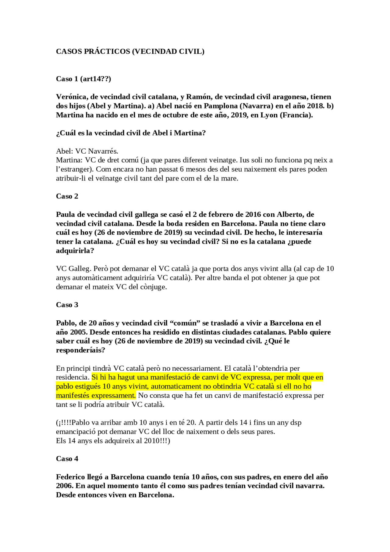 Casos Prácticos Vecindad Civil Ejercicios De Derecho Civil Docsity