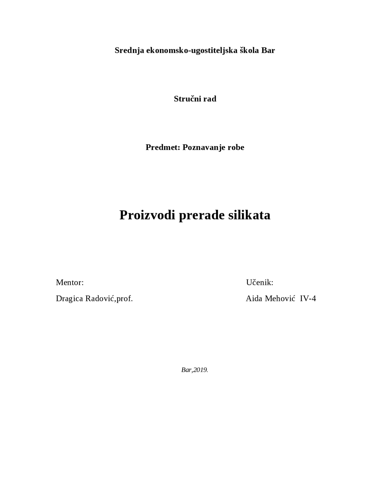 Silikati hemijska skola MATURSKI RAD | Skripte' predlog Hemija - Docsity