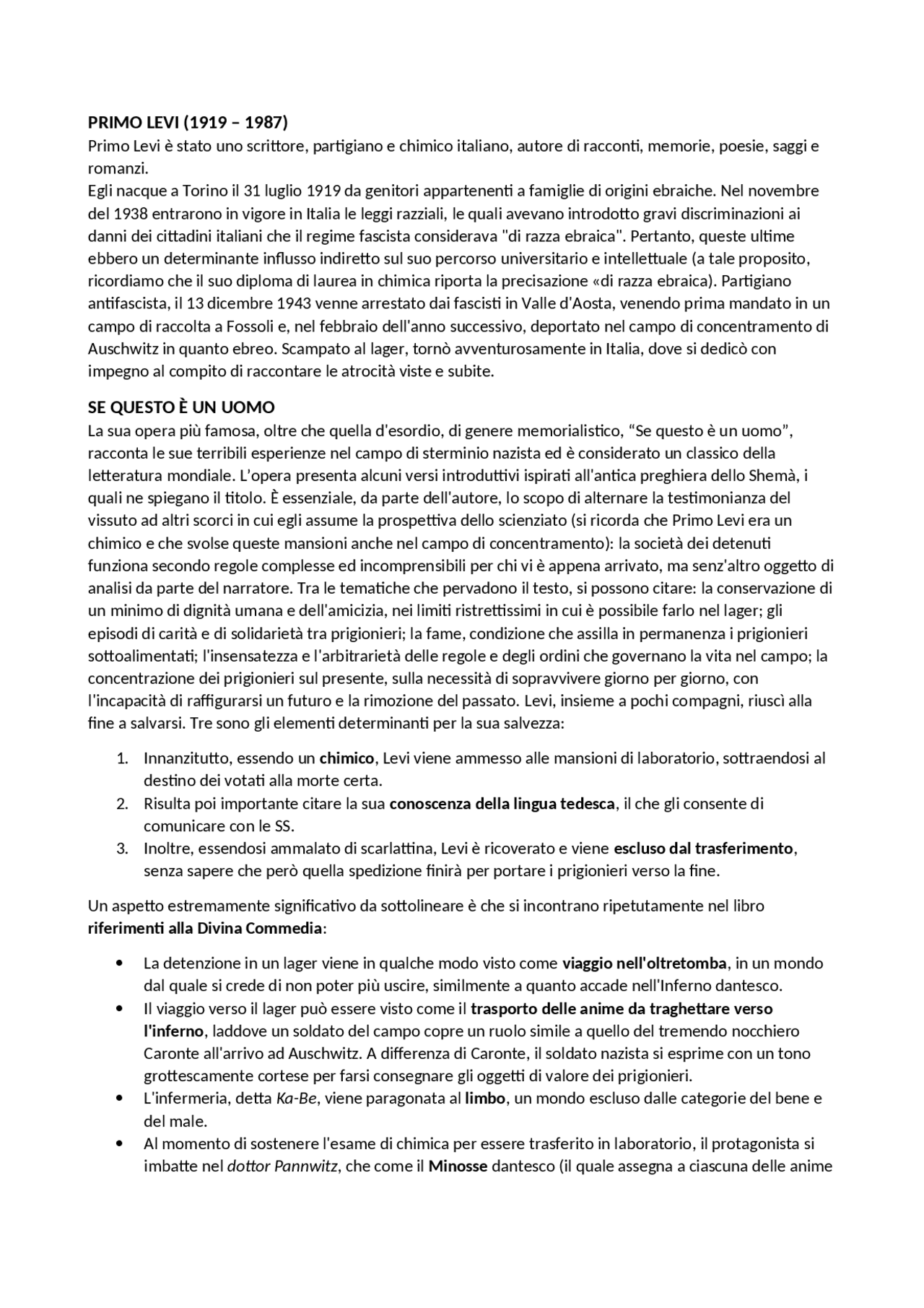 PRIMO LEVI - RIASSUNTO VITA E OPERE PRINCIPALI - Docsity