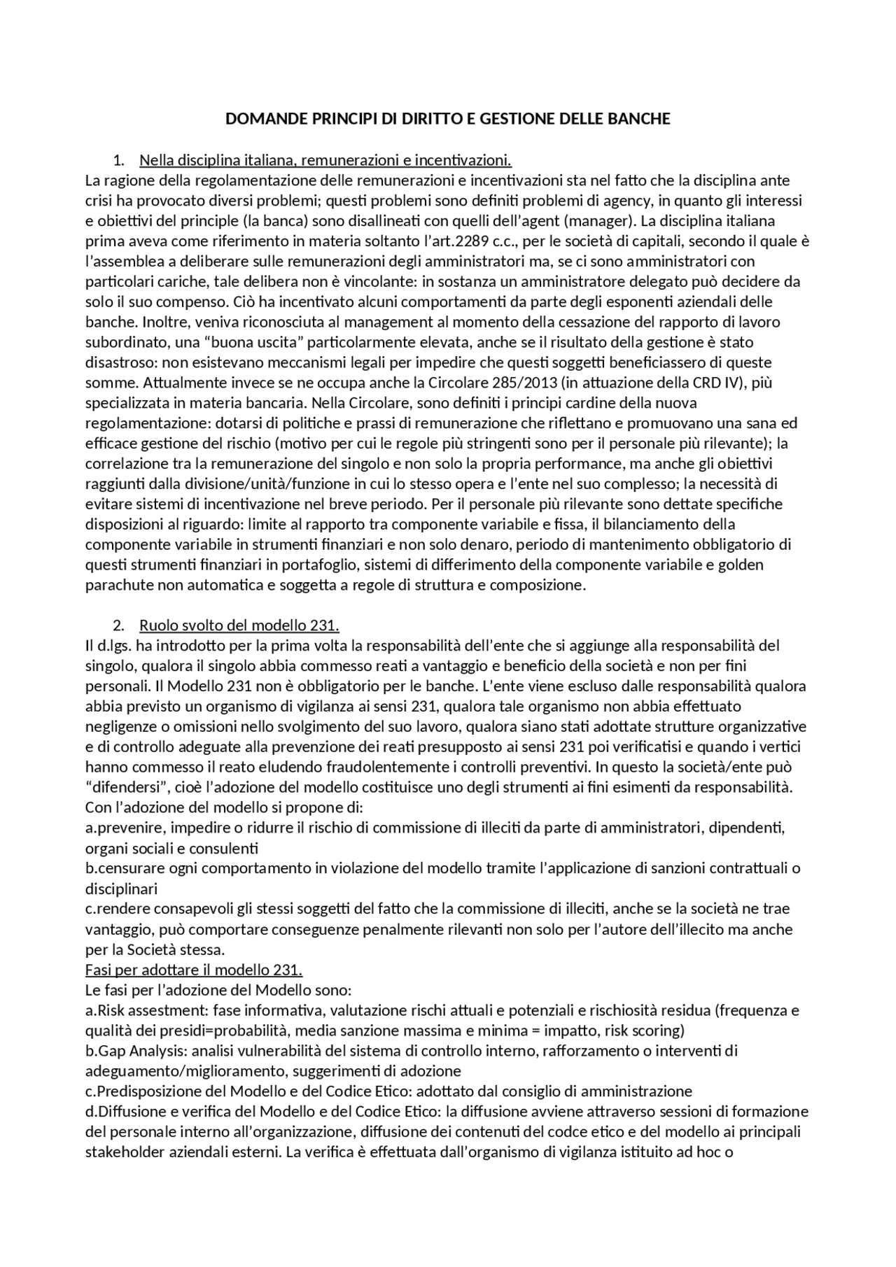 Domande Esame Di Principi Di Diritto E Gestione Delle Banche Docsity