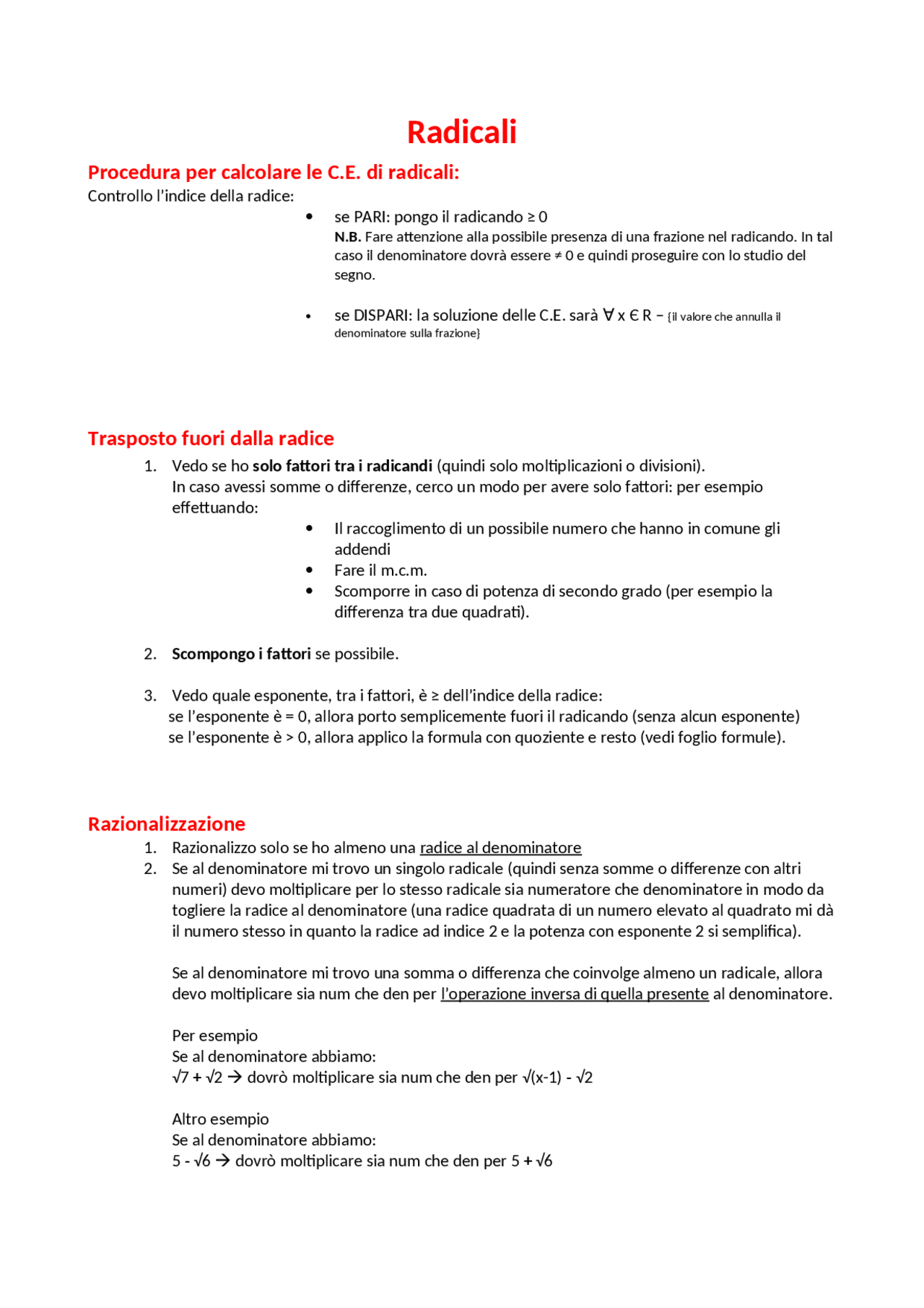 Radicali e razionalizzazione - Docsity