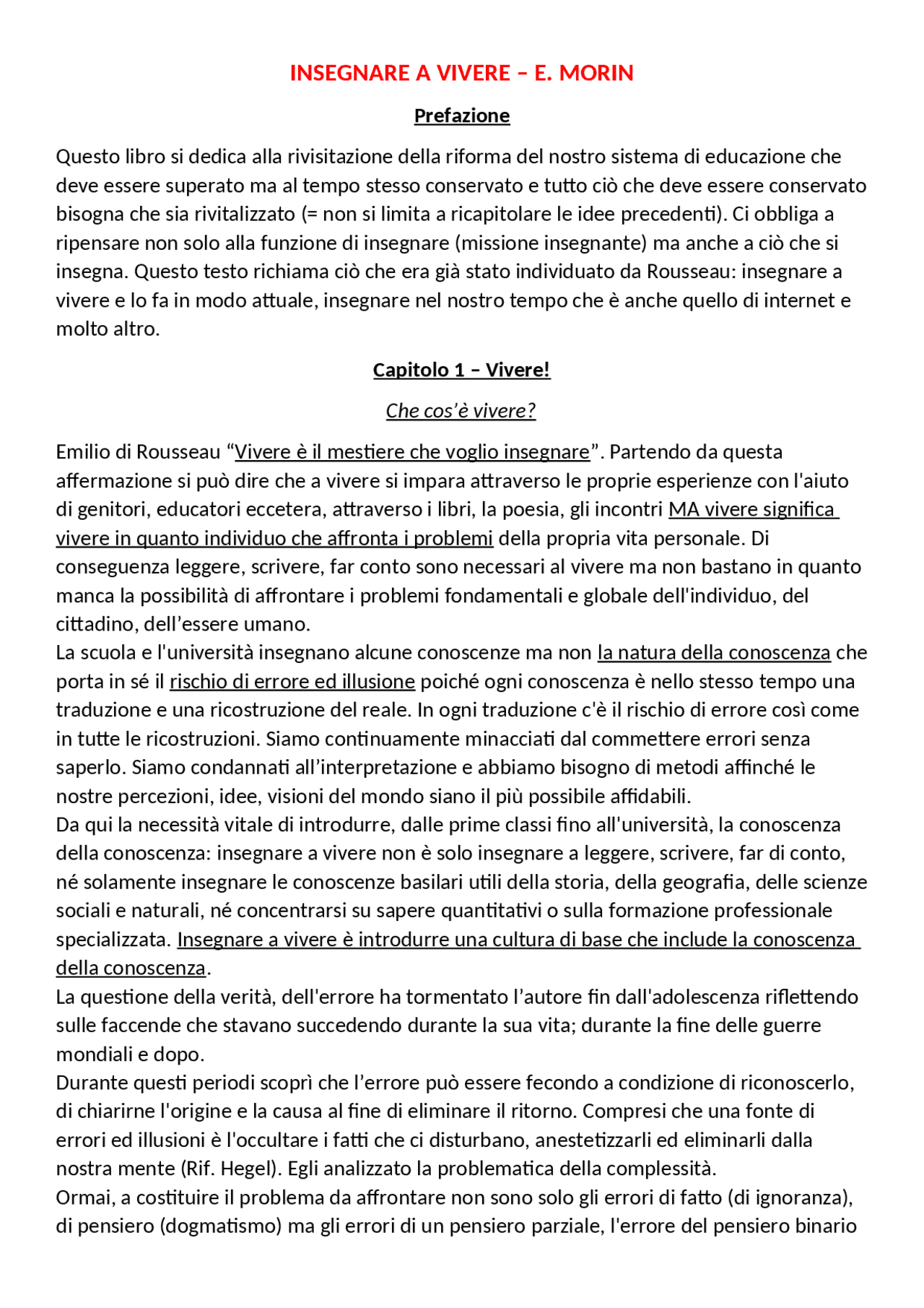 Morin E Insegnare A Vivere Manifesto Per Cambiare Leducazione Docsity
