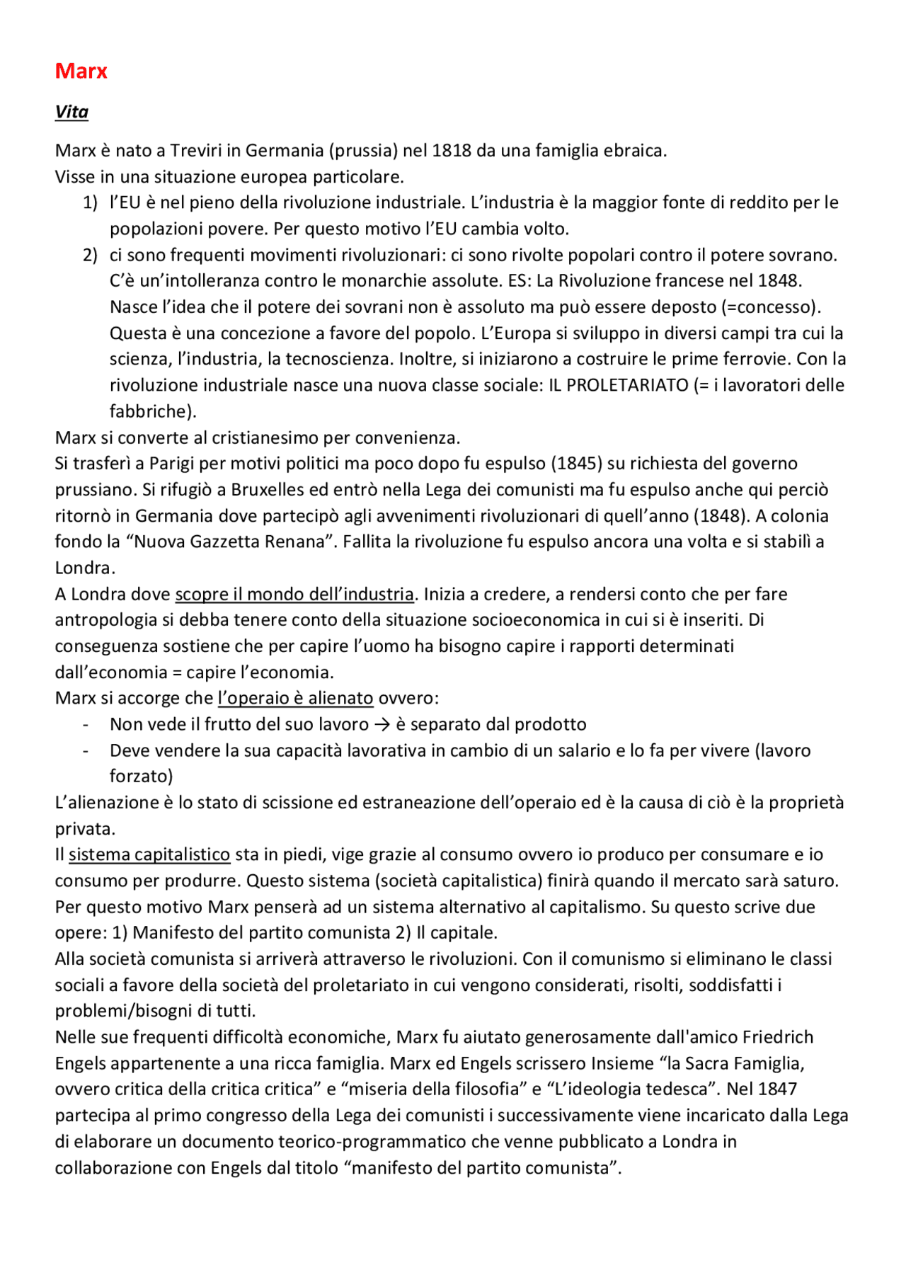 Riassunto Di Marx Pochi Riferimenti Alla Vita Docsity