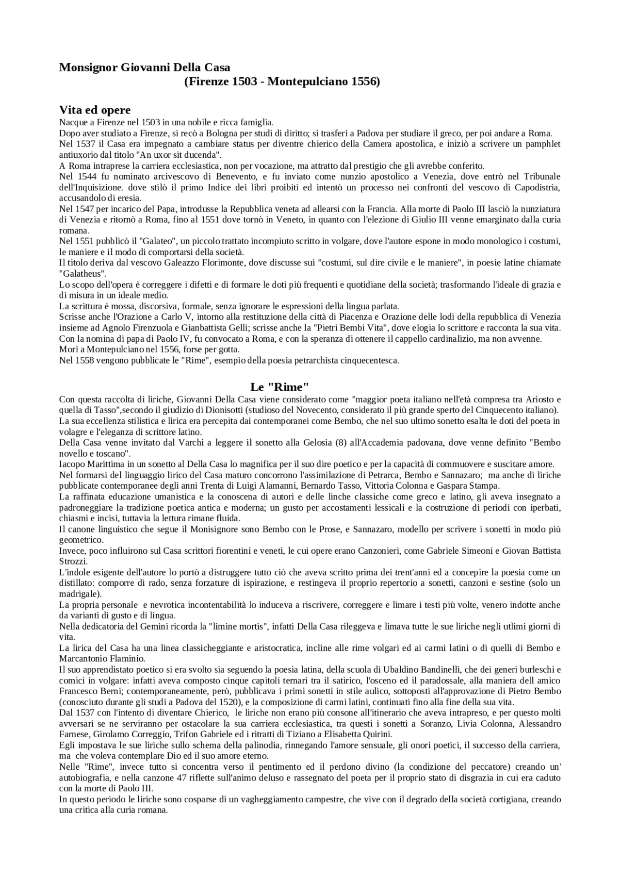 Le Rime Di Giovanni Della Casa Docsity