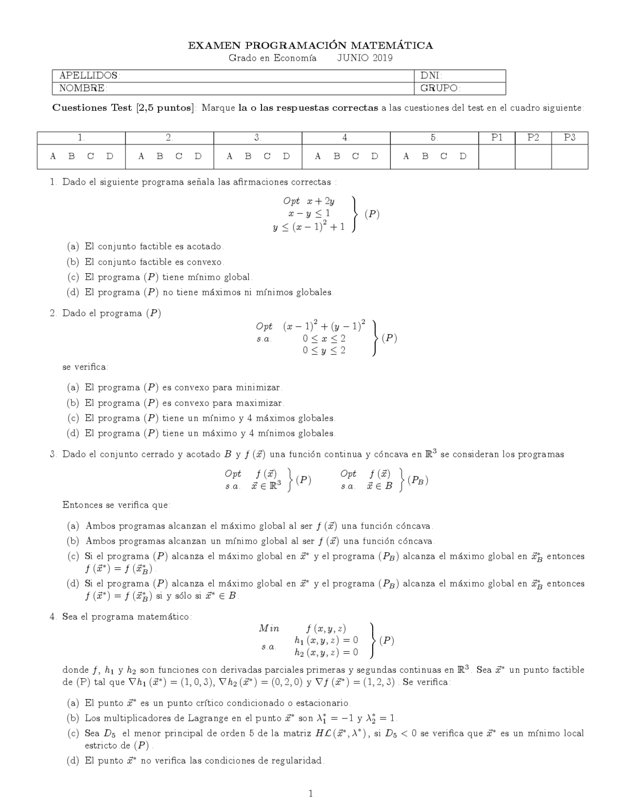 Examen Extraordinario Programación Matemática Docsity