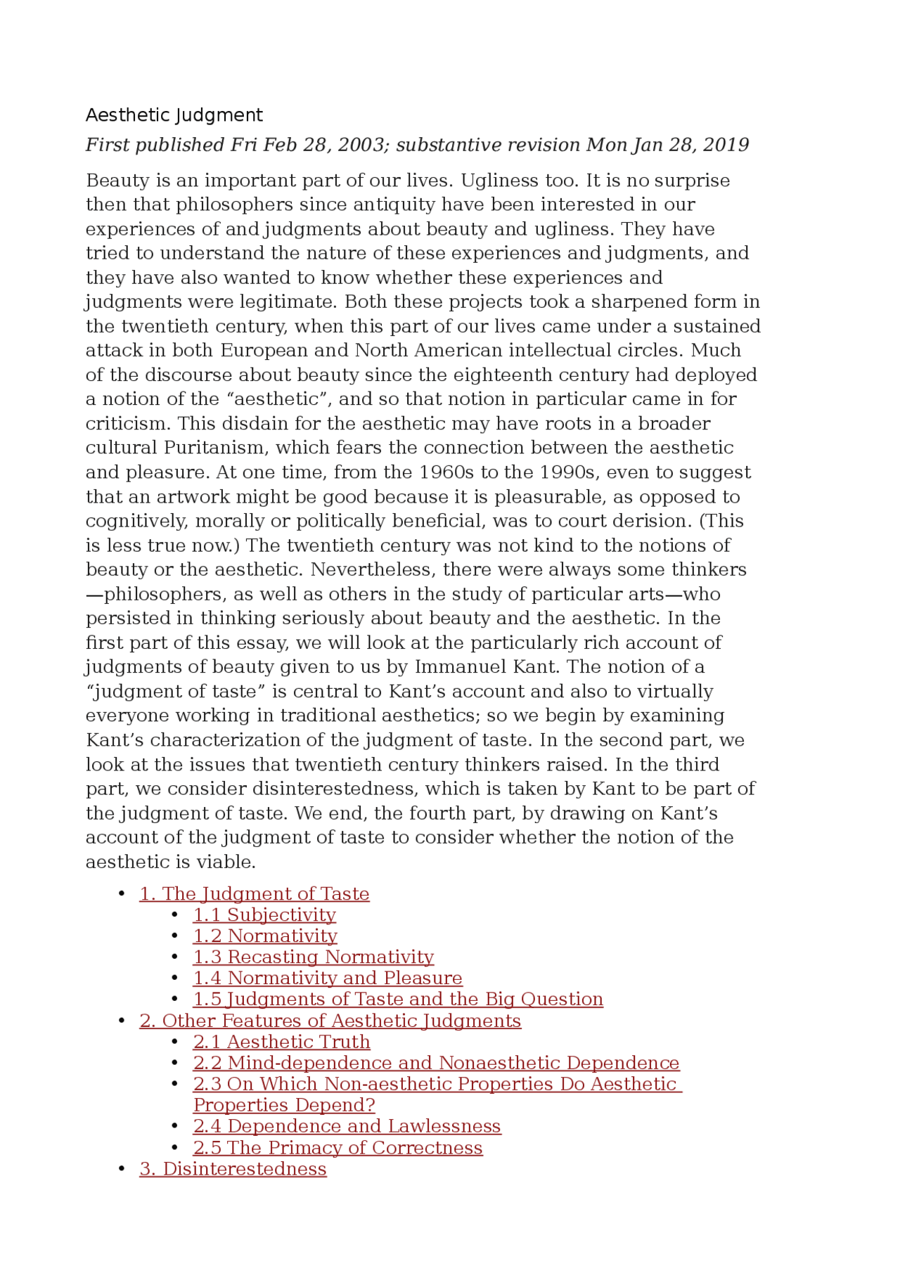 Aesthetic Judgment, The Stanford Encyclopedia of Philosophy - Docsity