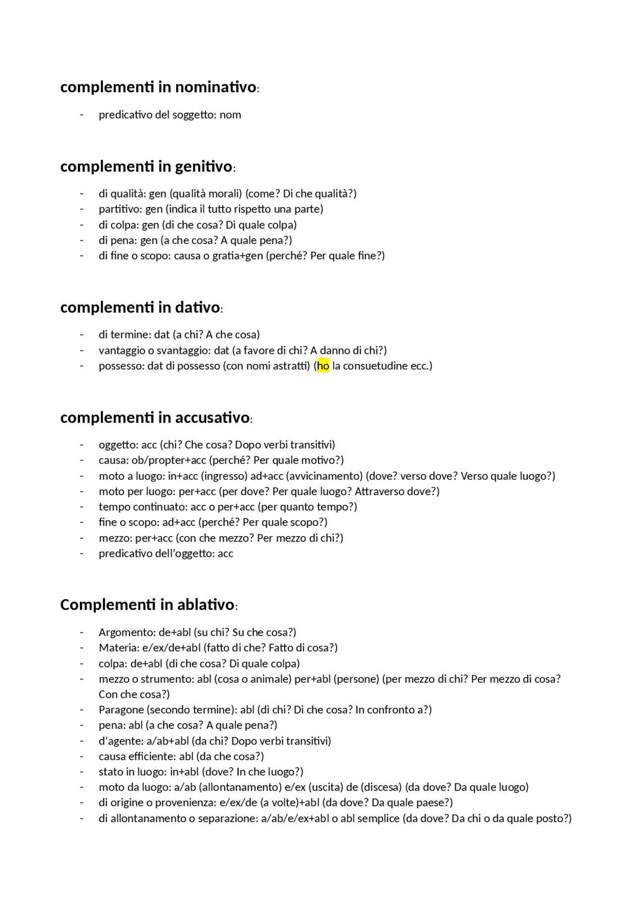 Complementi schematizzati per casi - Docsity