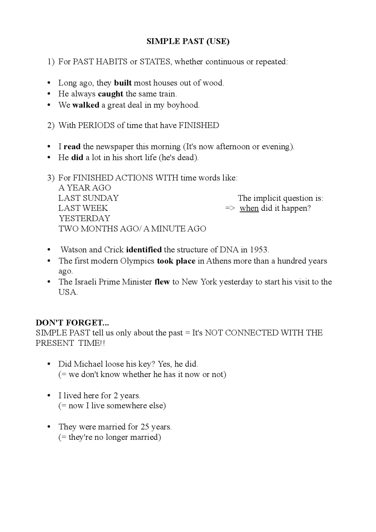 Simple past (use and examples) - Docsity