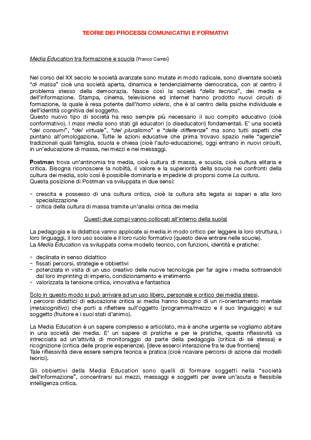 Sintesi Media Education Docsity