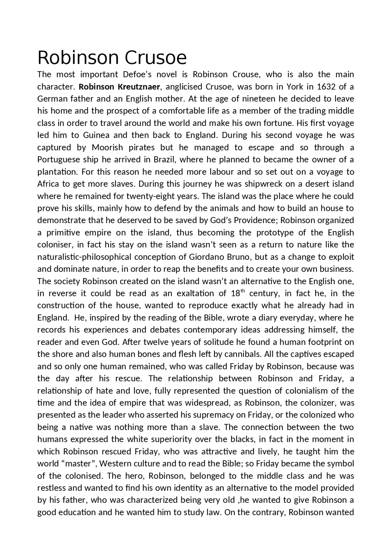 Daniel Defoe:Robinson Crusoe's novel - Docsity