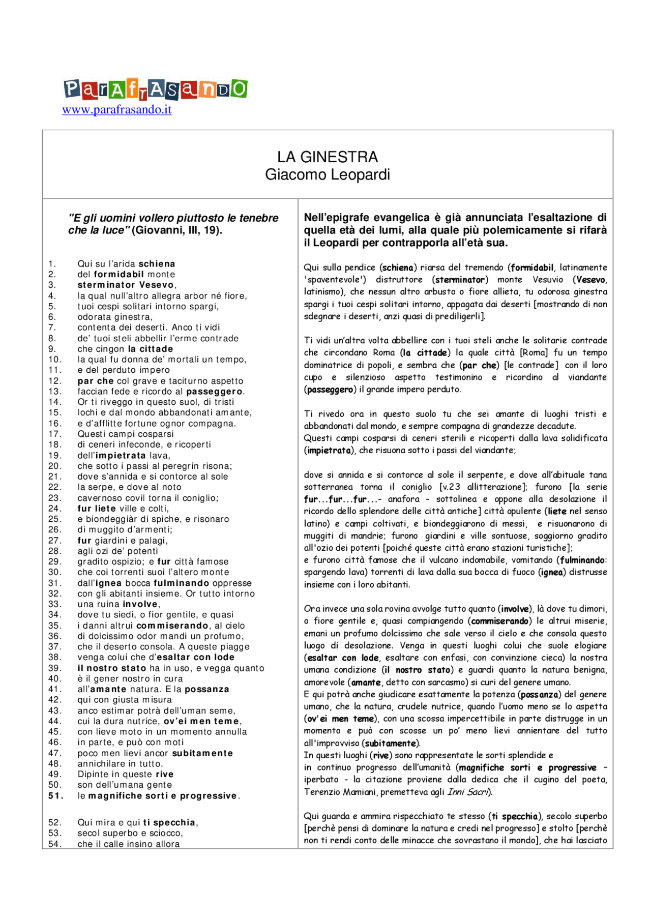 La Ginestra Di Leopardi Docsity