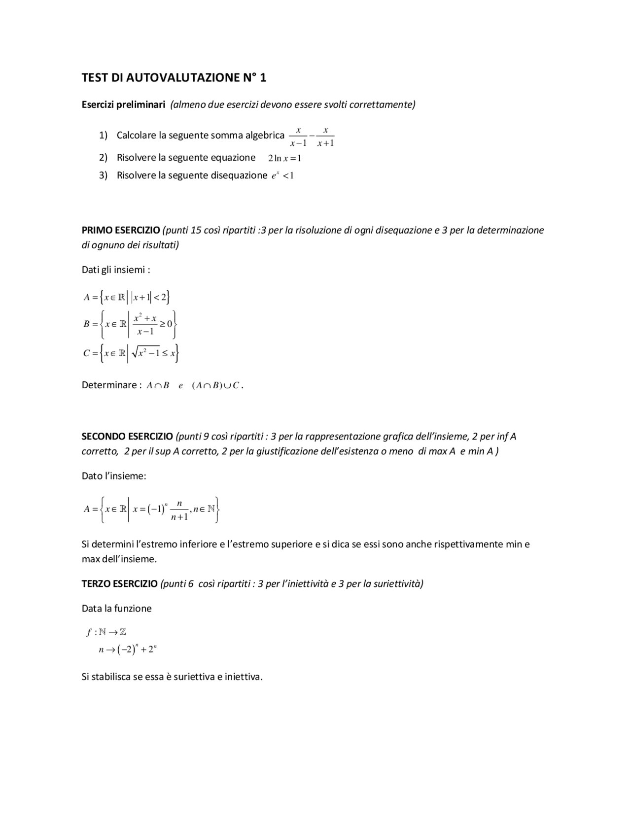 Test Autovalutazione Exercises Of Mathematics Docsity