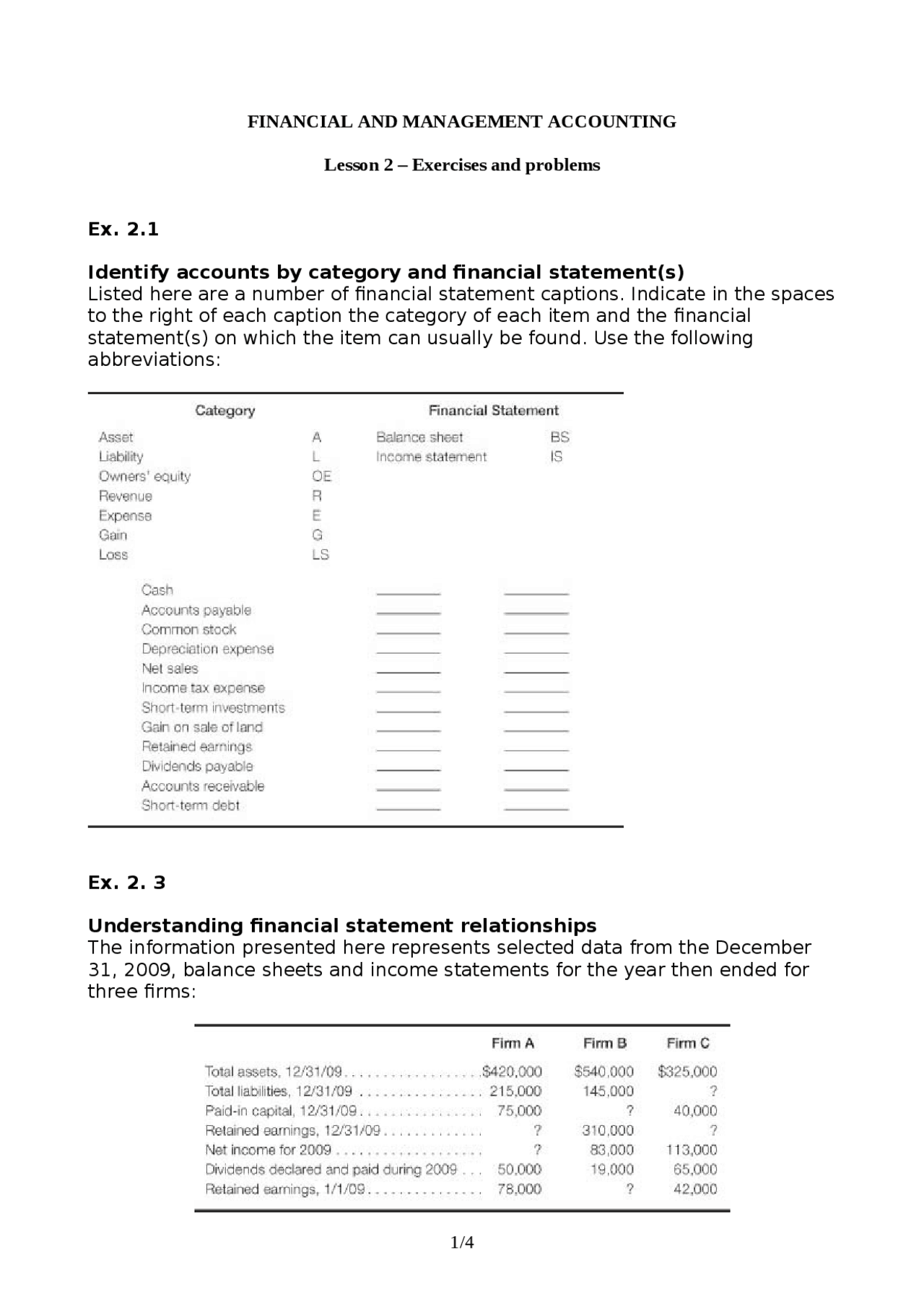 Esercizi Financial And Management Accounting Docsity