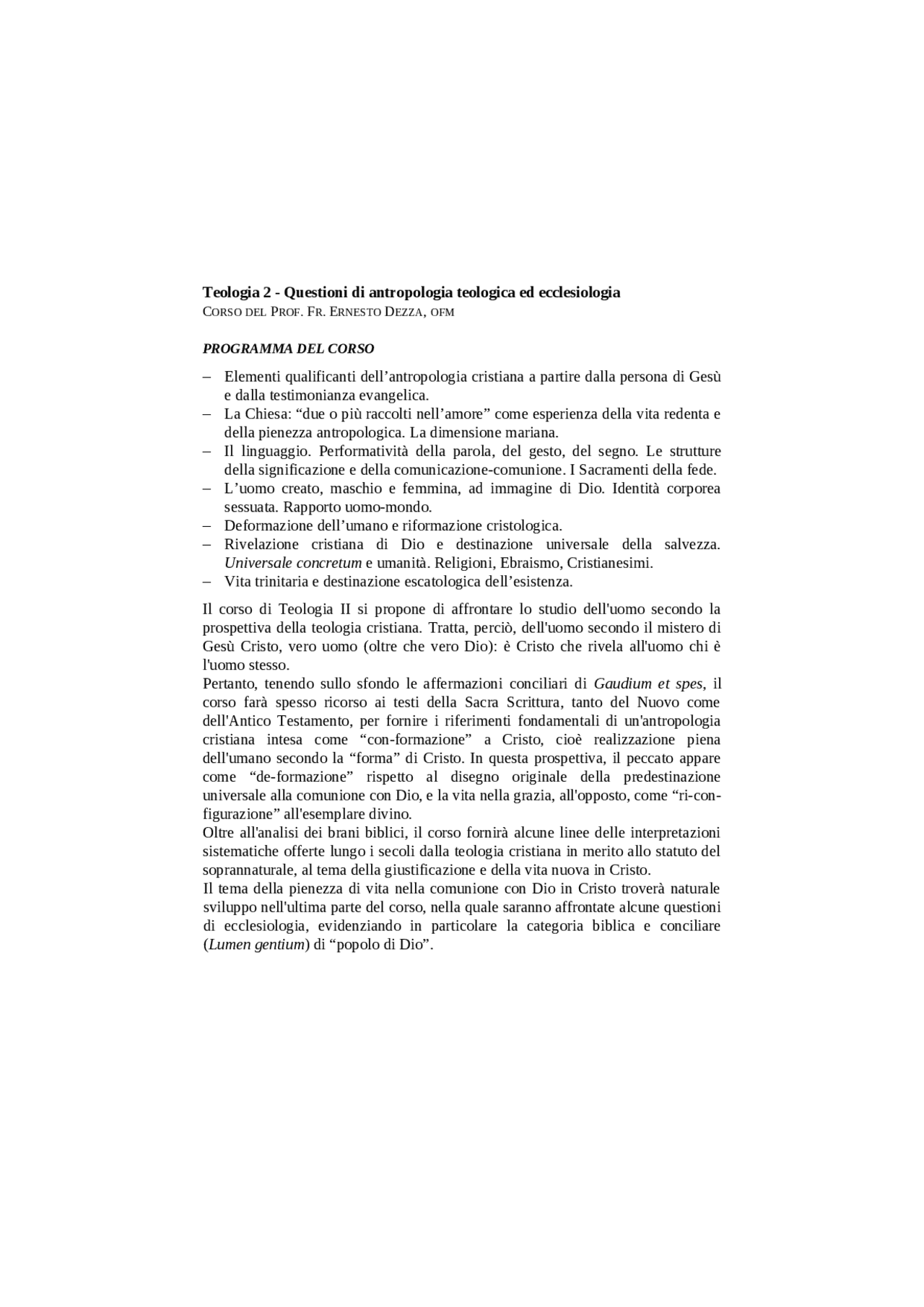 Teologia Università Cattolica Dezza Docsity