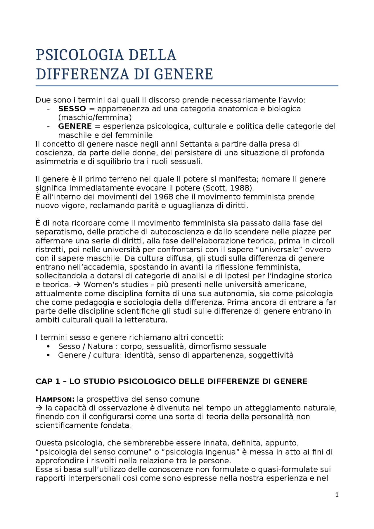 Psicologia Delle Differenze Di Genere Docsity