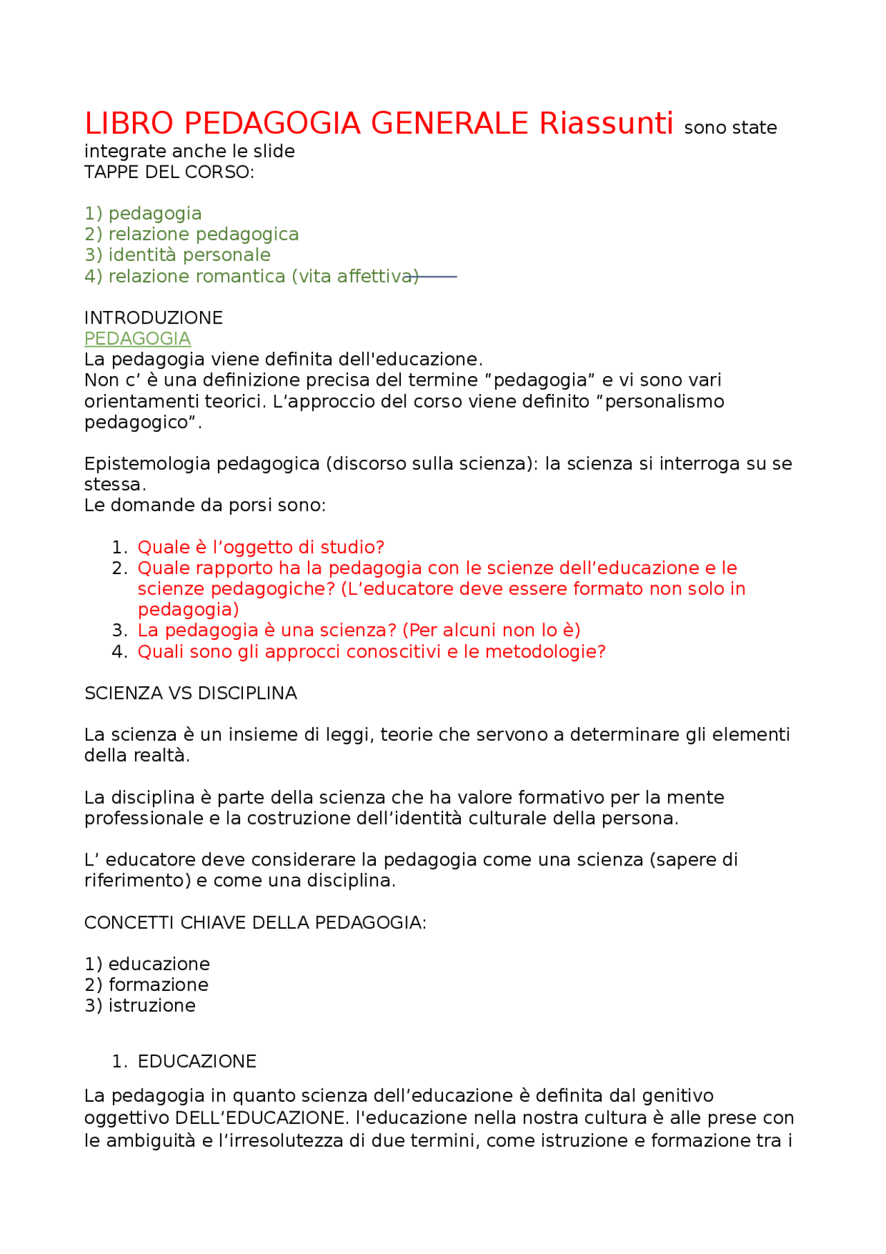 Pedagogia Generale Riassunto Di 3 Concetti Docsity