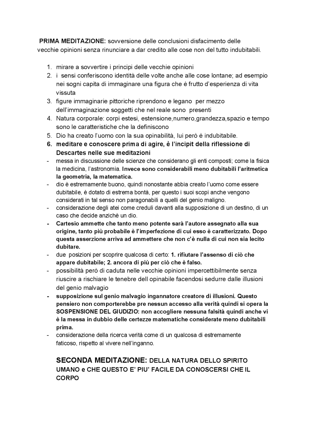 Meditazioni Metafisiche Di Cartesio Riassunto Sistematico Docsity