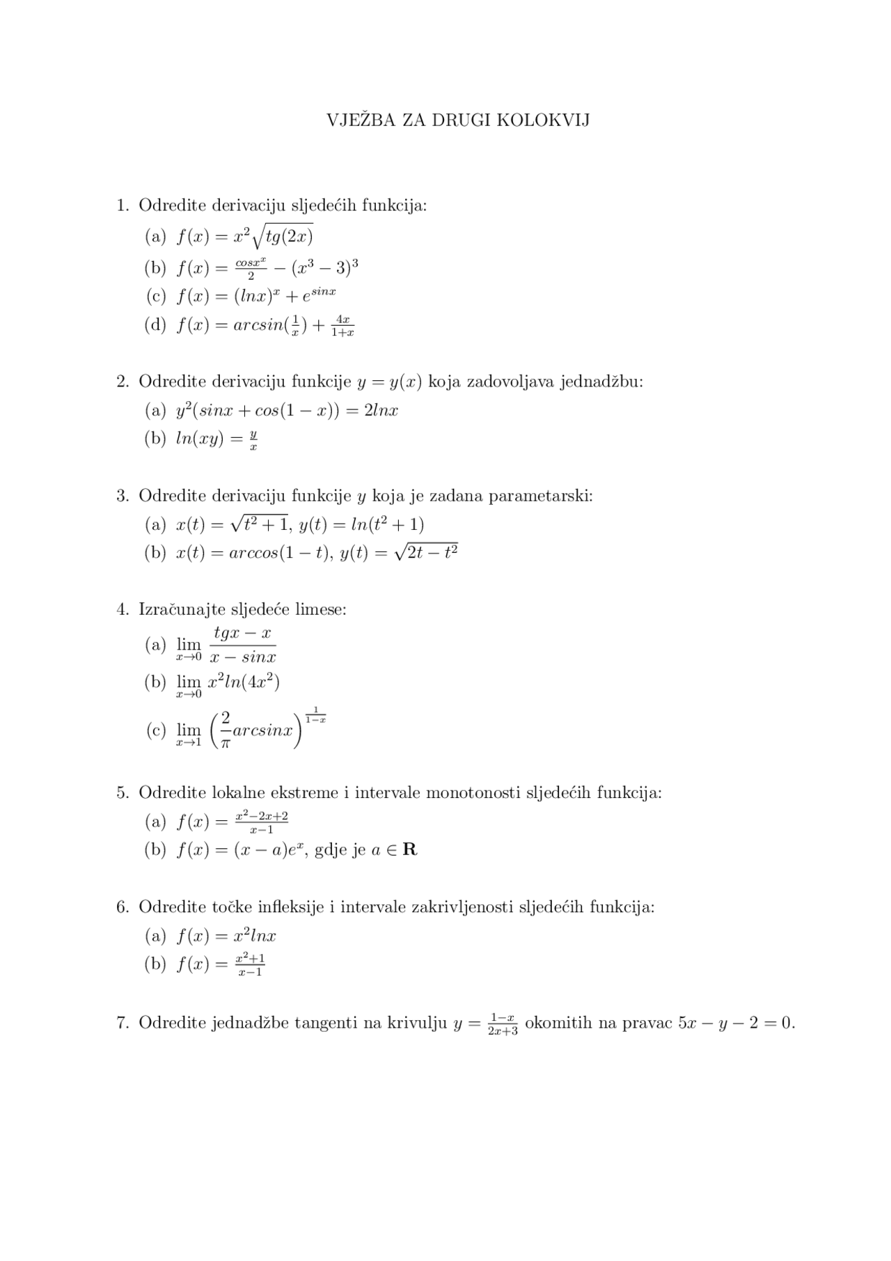 Derivacije funkcija: vježba za drugi kolokvij | Vežbe' predlog ...
