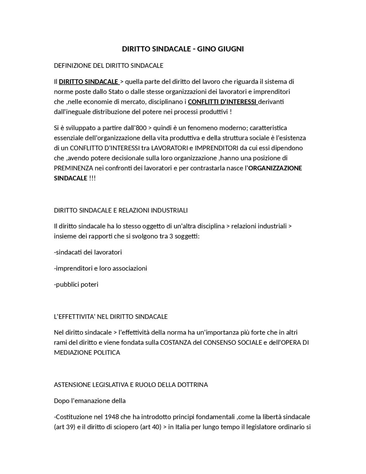Riassunto Del Giugni Diritto Sindacale Docsity
