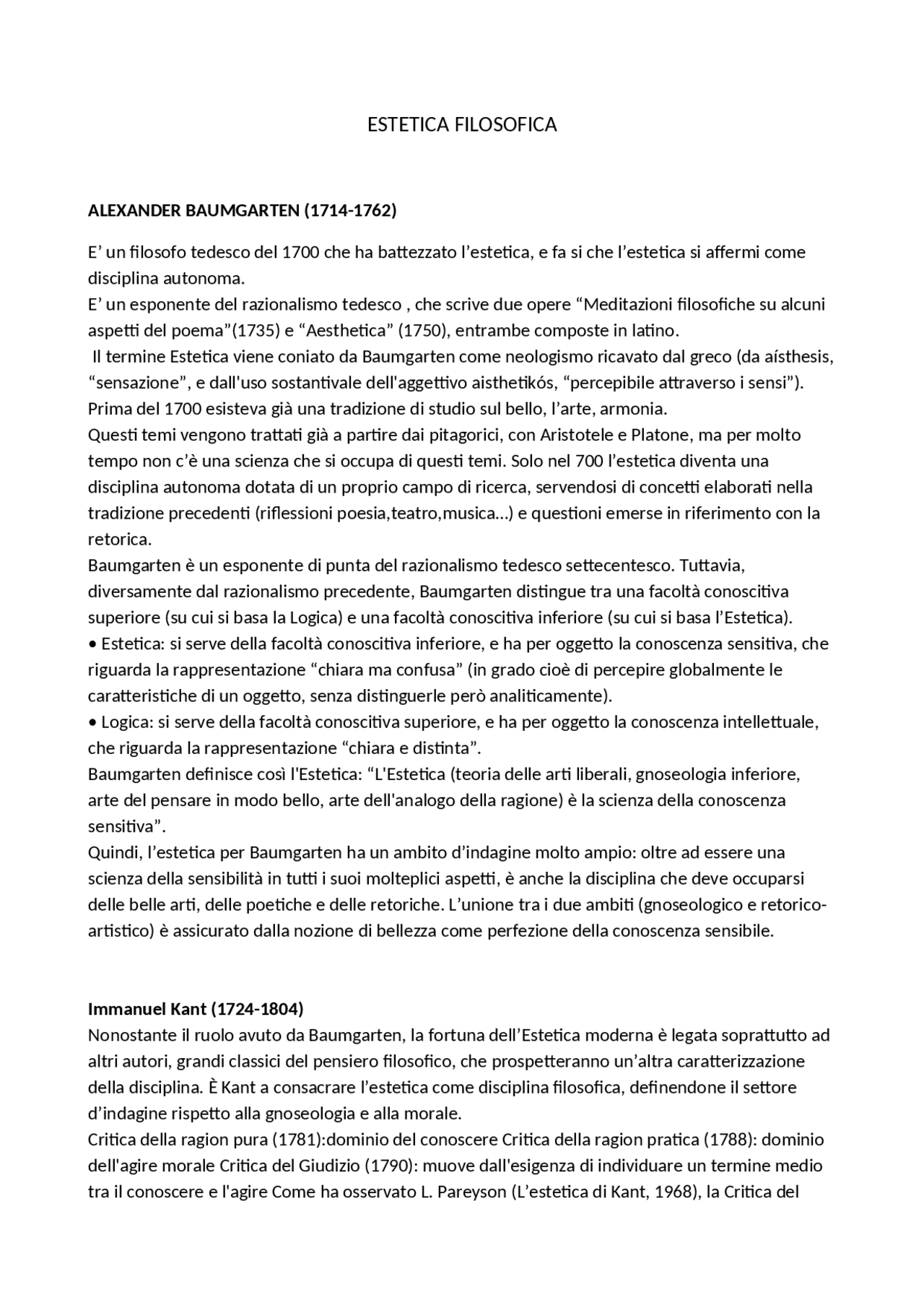 Estetica Filosofica Riassunto E Appunti Notes De Estétique Docsity