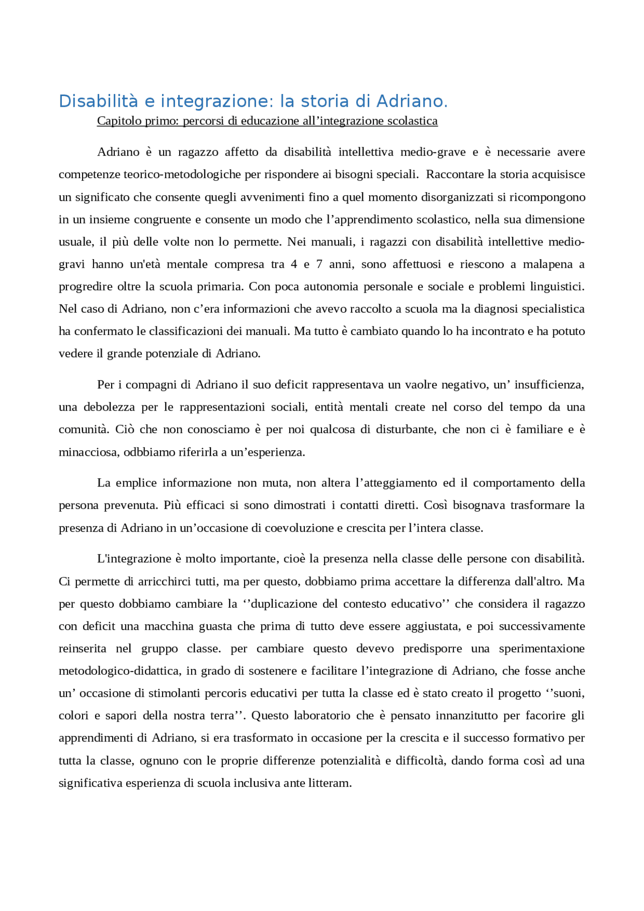 Disabilità E Integrazione La Storia Di Adriano Docsity