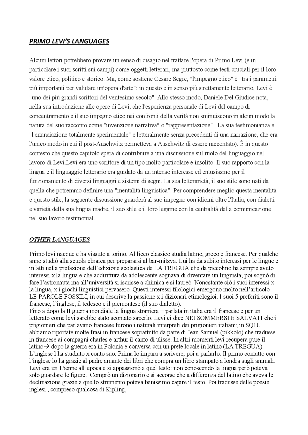 Saggio Primo Levis Language Docsity