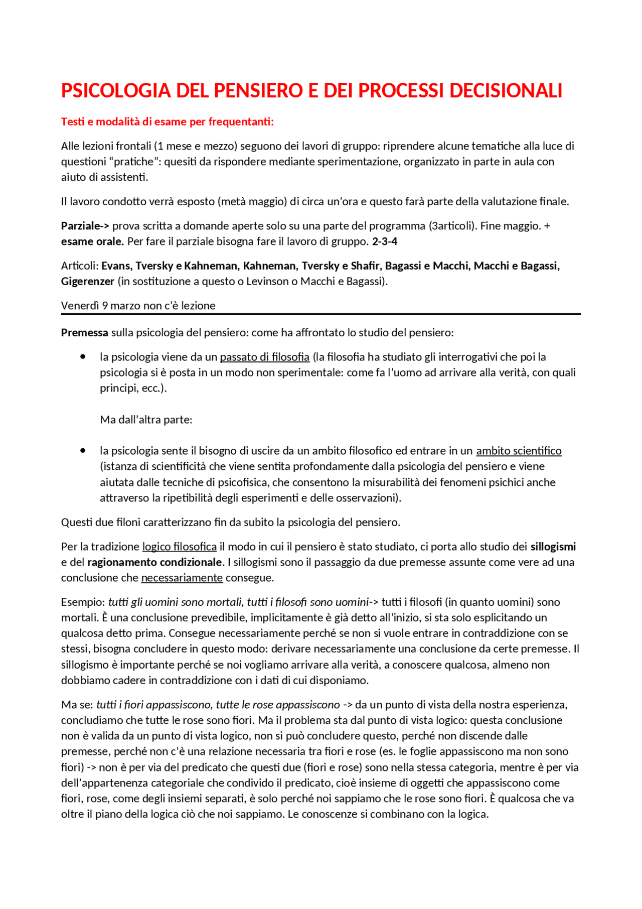 Psicologia Del Pensiero E Dei Processi Decisionali Docsity