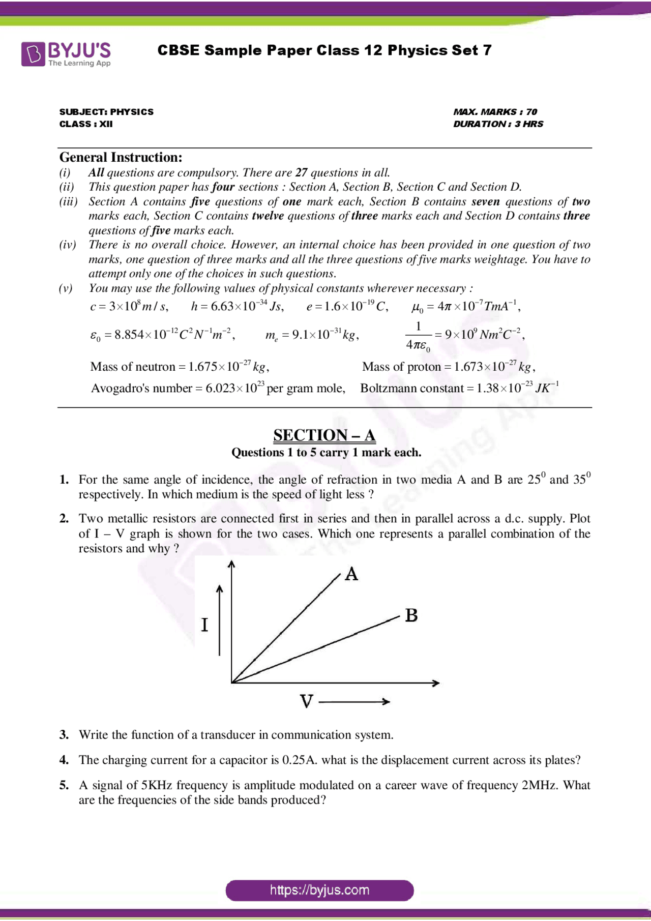 Cbse Physics Sample Paper For Reference Docsity