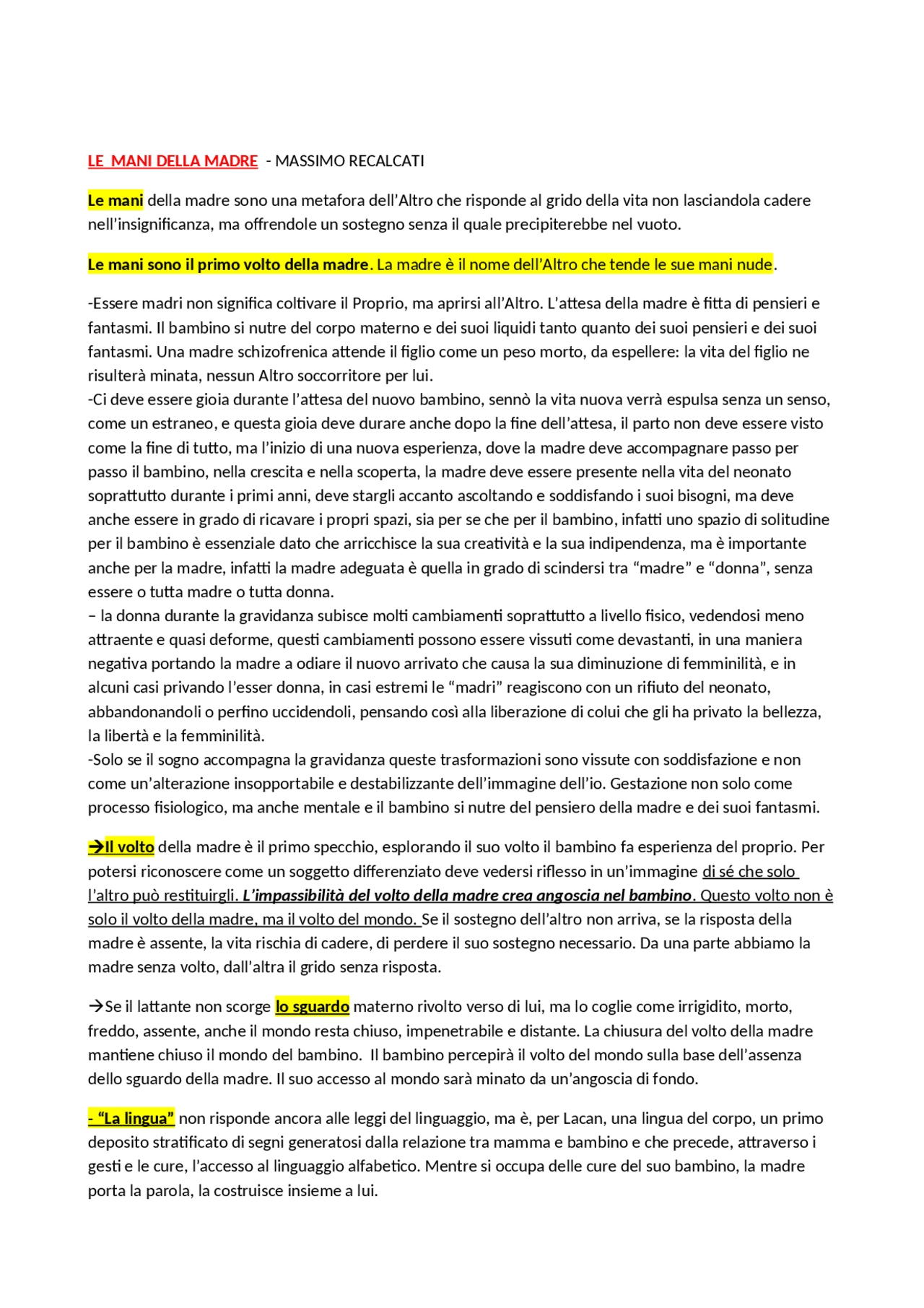 Le Mani Della Madre Massimo Recalcati Docsity
