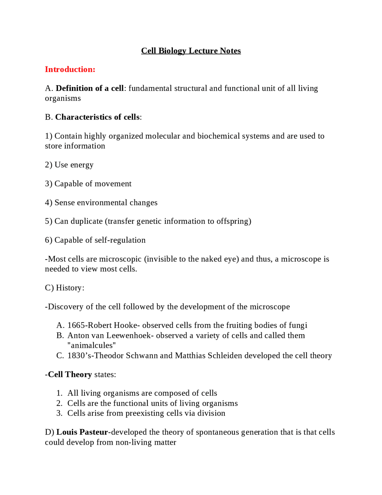 Cell Biology Lecture Notes Docsity