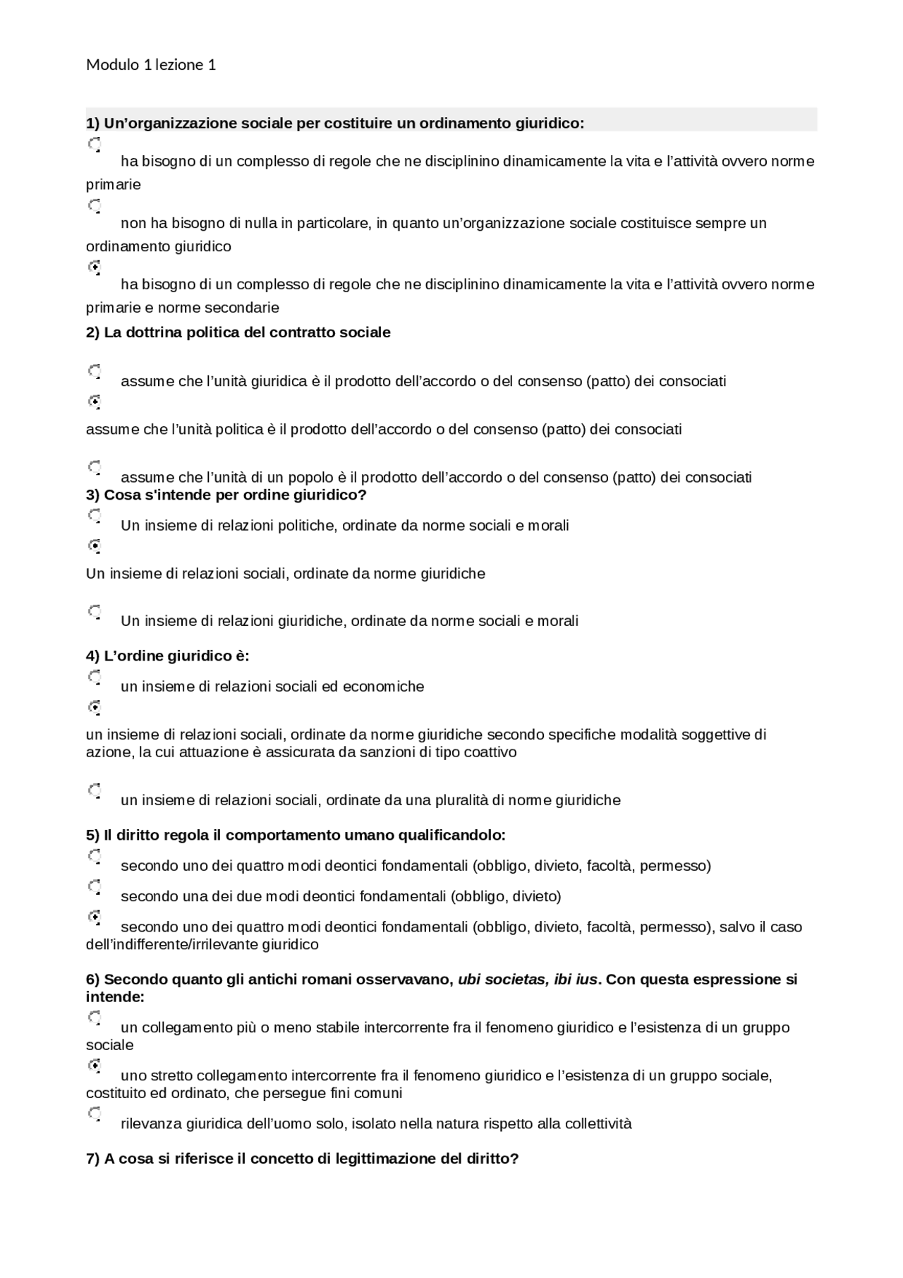 Test Modulo 1 Diritto Pubblico Docsity