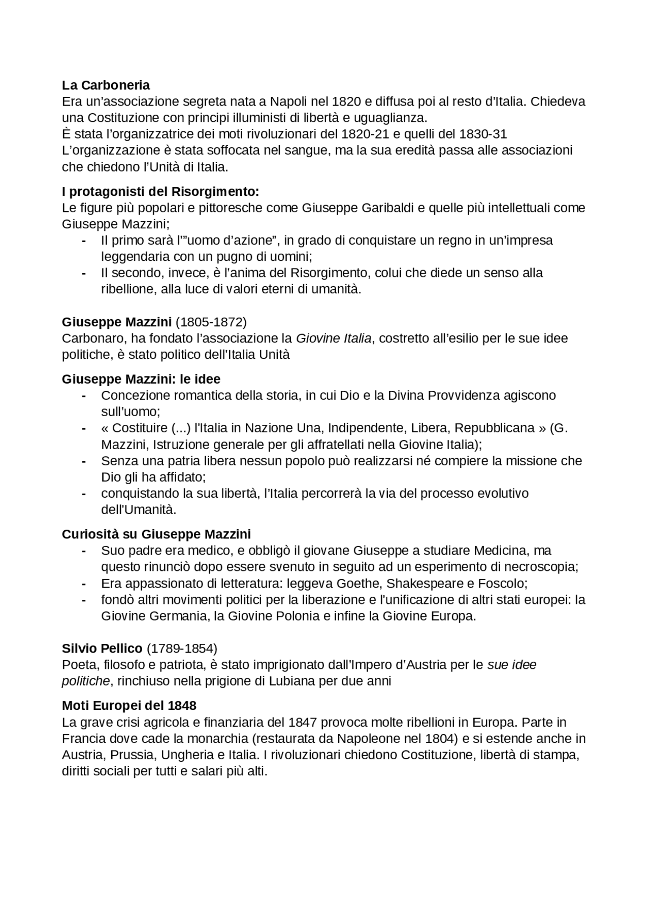 RIASSUNTO RISORGIMENTO E UNITA' D'ITALIA. - Docsity