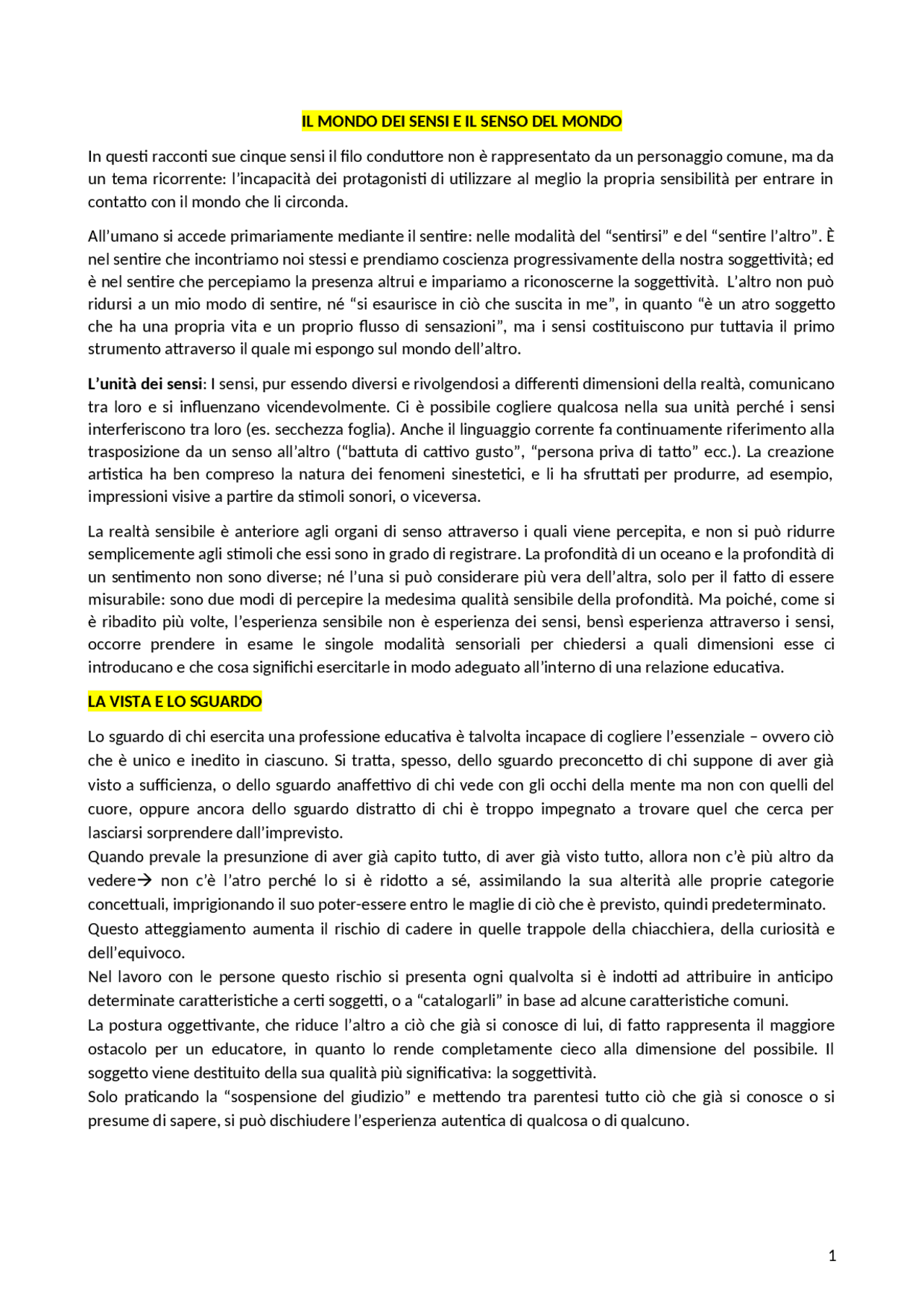 Lesercizio Dei Sensi Docsity