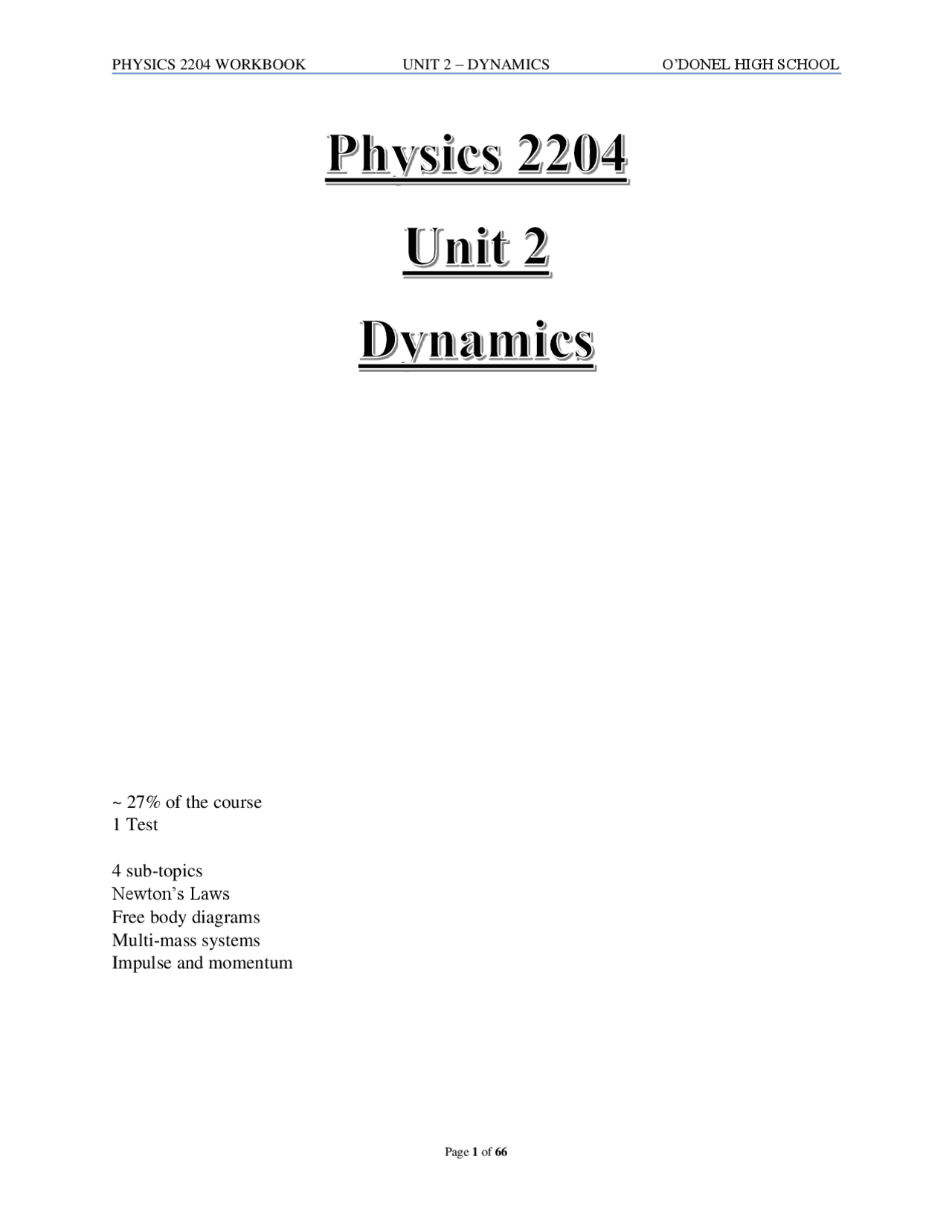 Physics 2204 Workbook Unit 2.pdf - Docsity