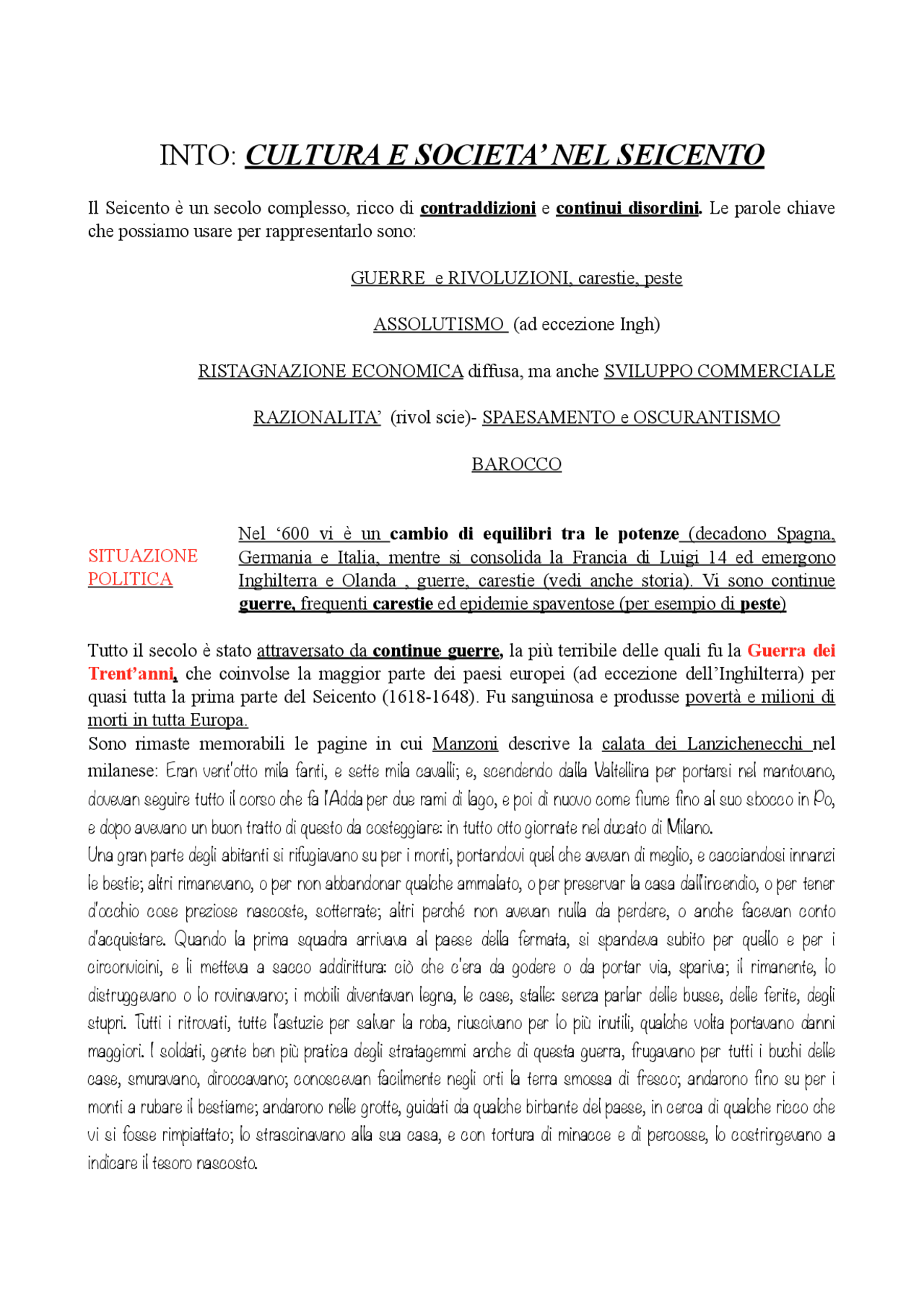 Seicento - Storia, appunti lezione - Docsity