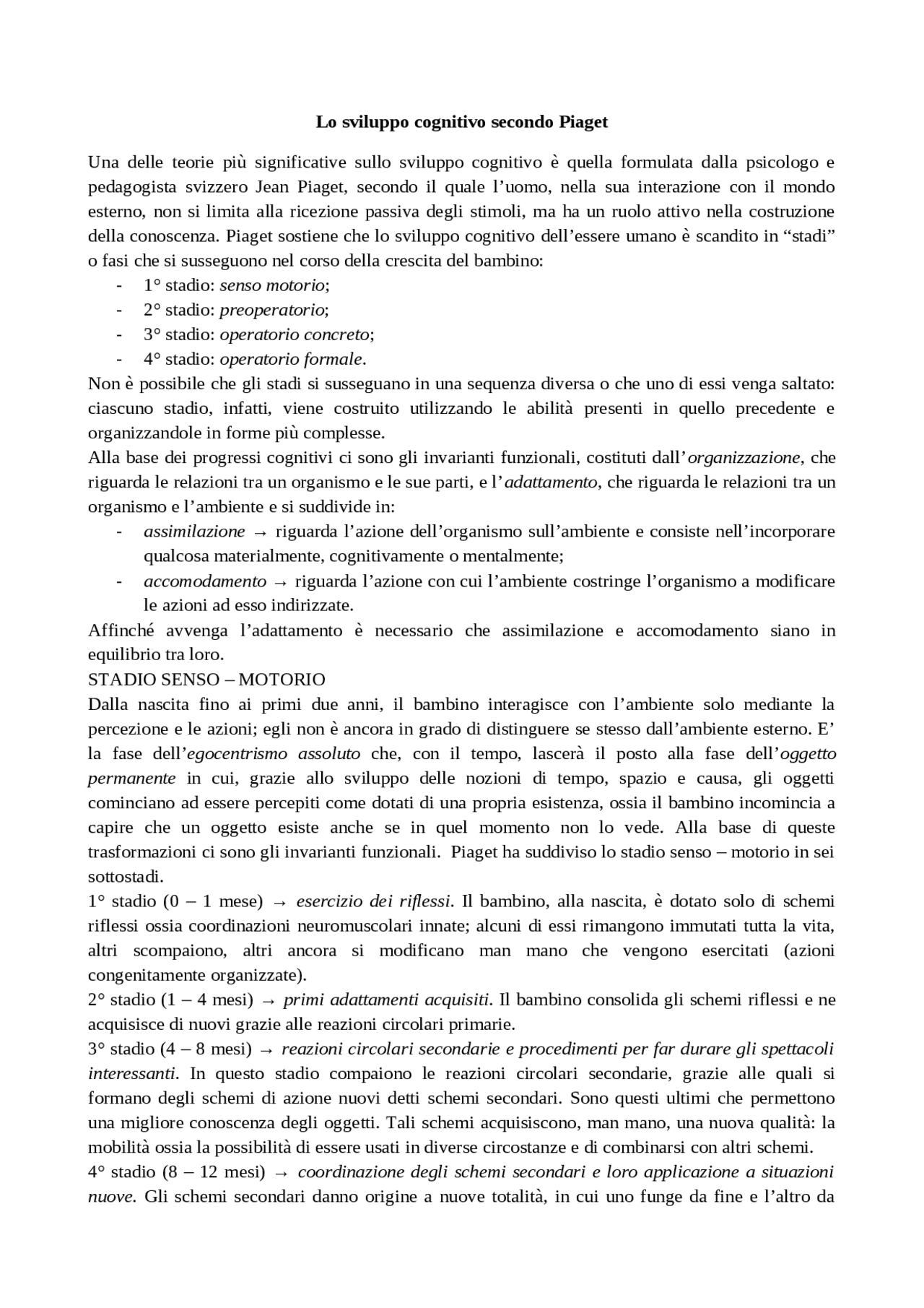Lo Sviluppo Cognitivo Docsity