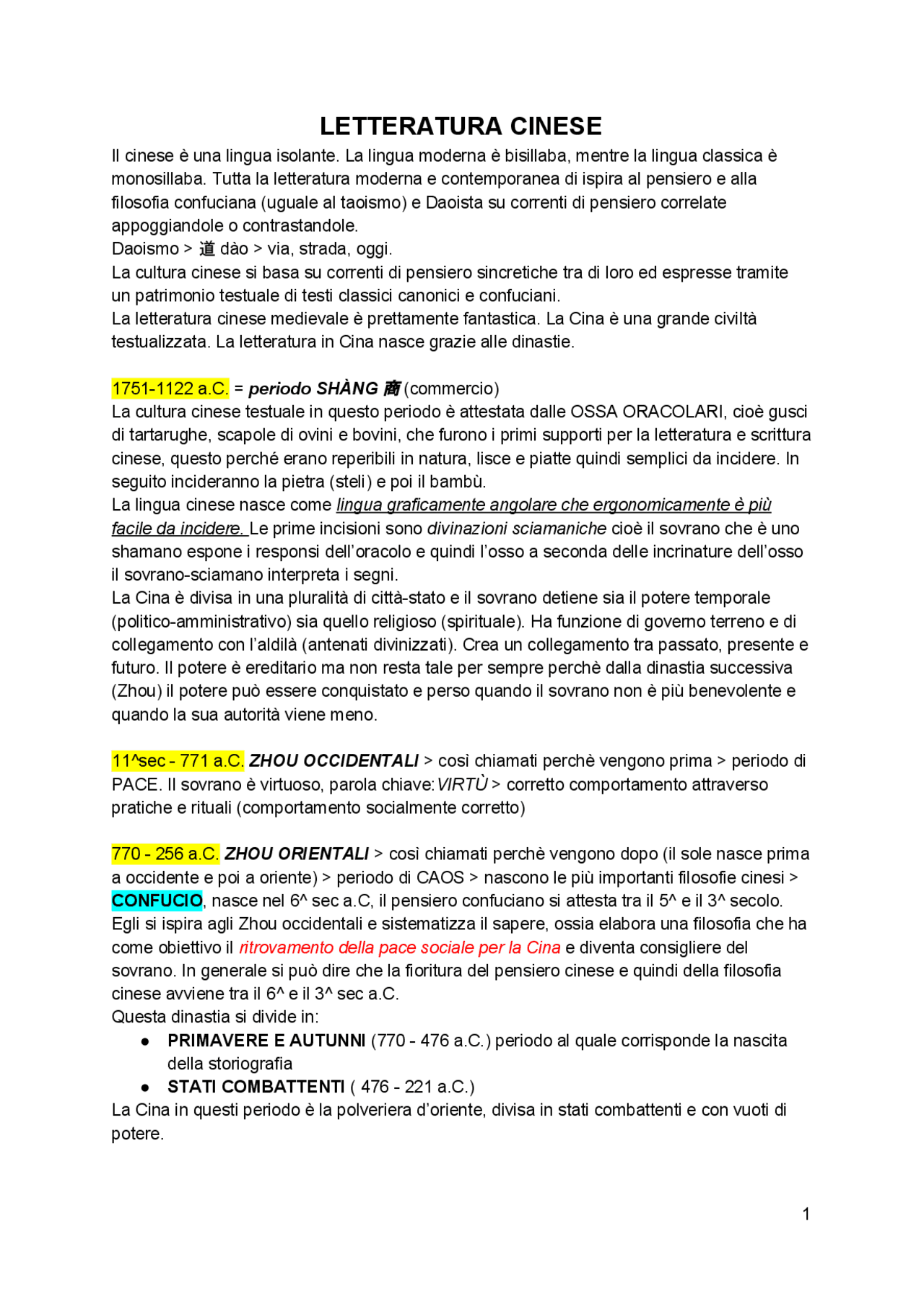 Appunti Di Letteratura Cinese Docsity