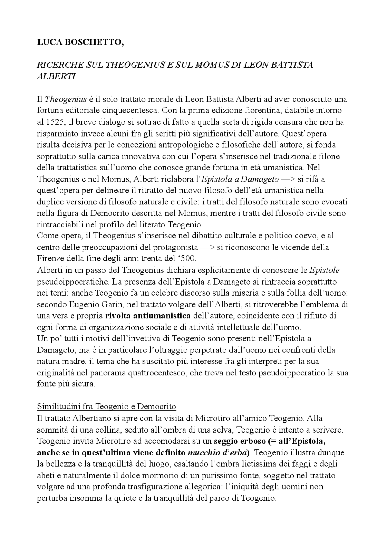 Riassunto saggio di Luca Boschetto sul Theogenius e sul Momus - Docsity