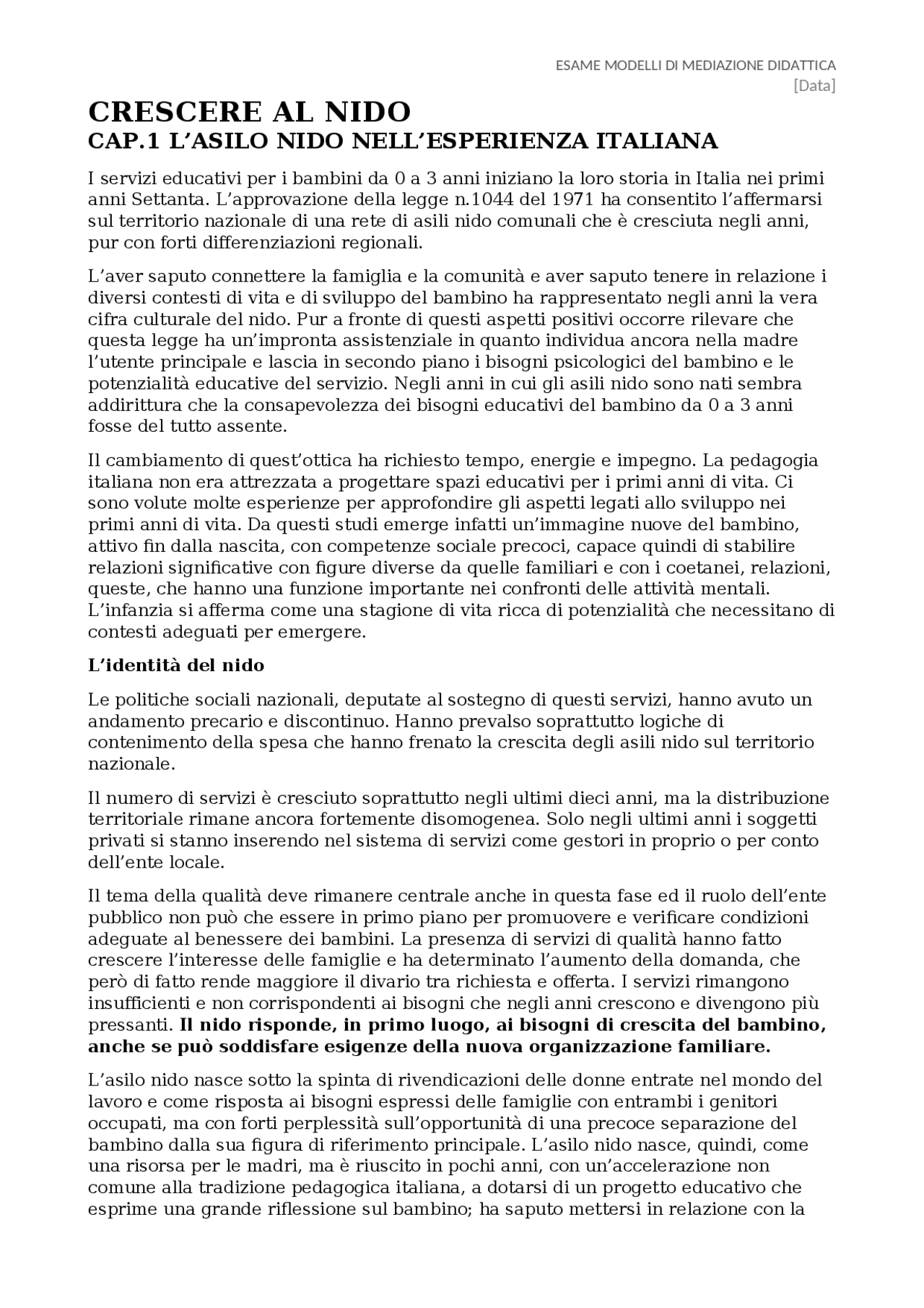 Crescere Al Nido Riassunto Docsity