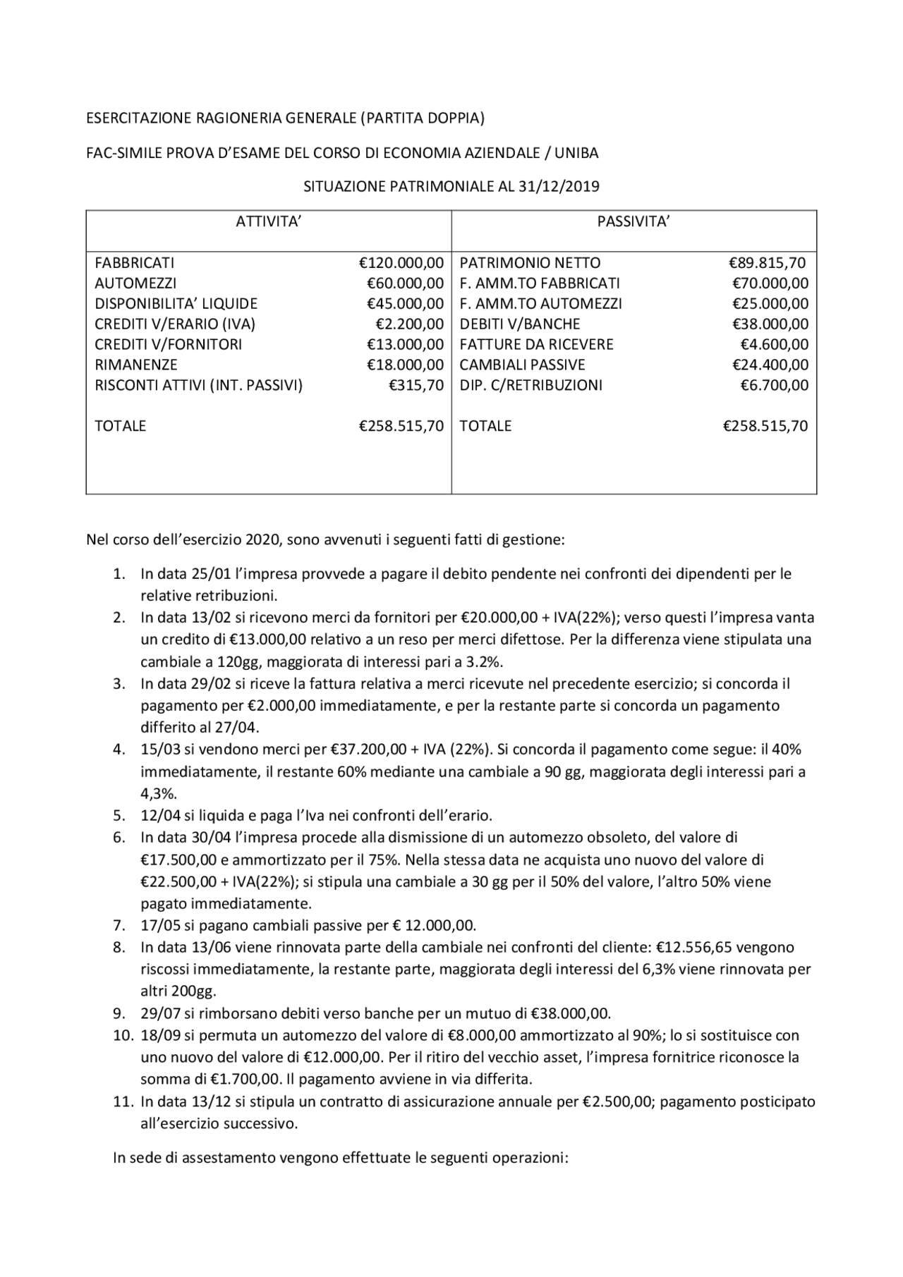 Fac Simile Esame Ragioneria Generale Esercizi Di Ragioneria Docsity